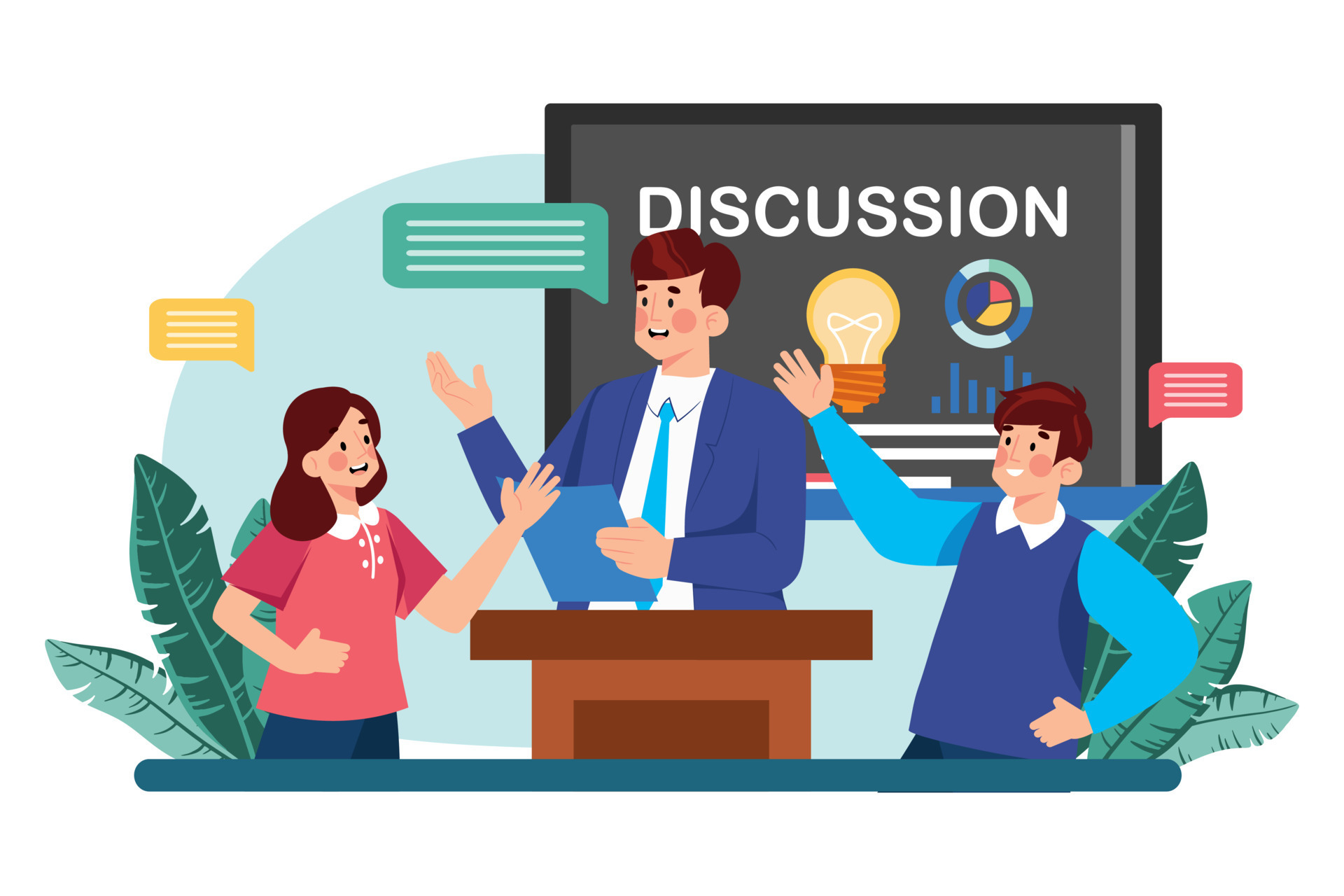 A teacher leads a class discussion on a current event. 23423638 Vector ...