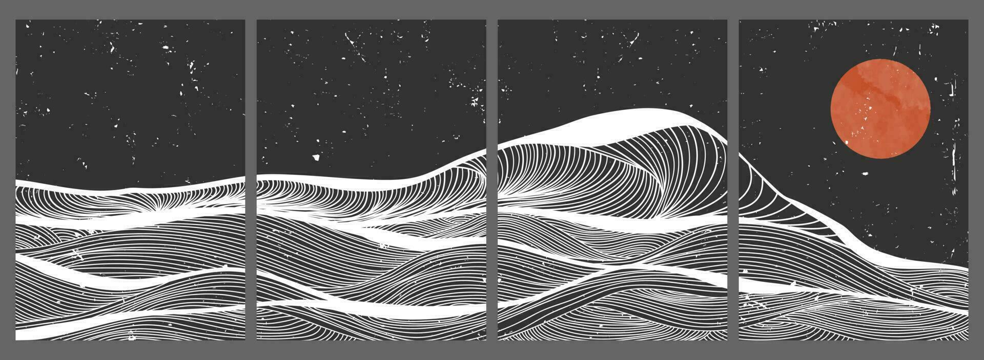 Ocean wave landscape on set. Creative minimalist modern paint and line art print. Abstract ...