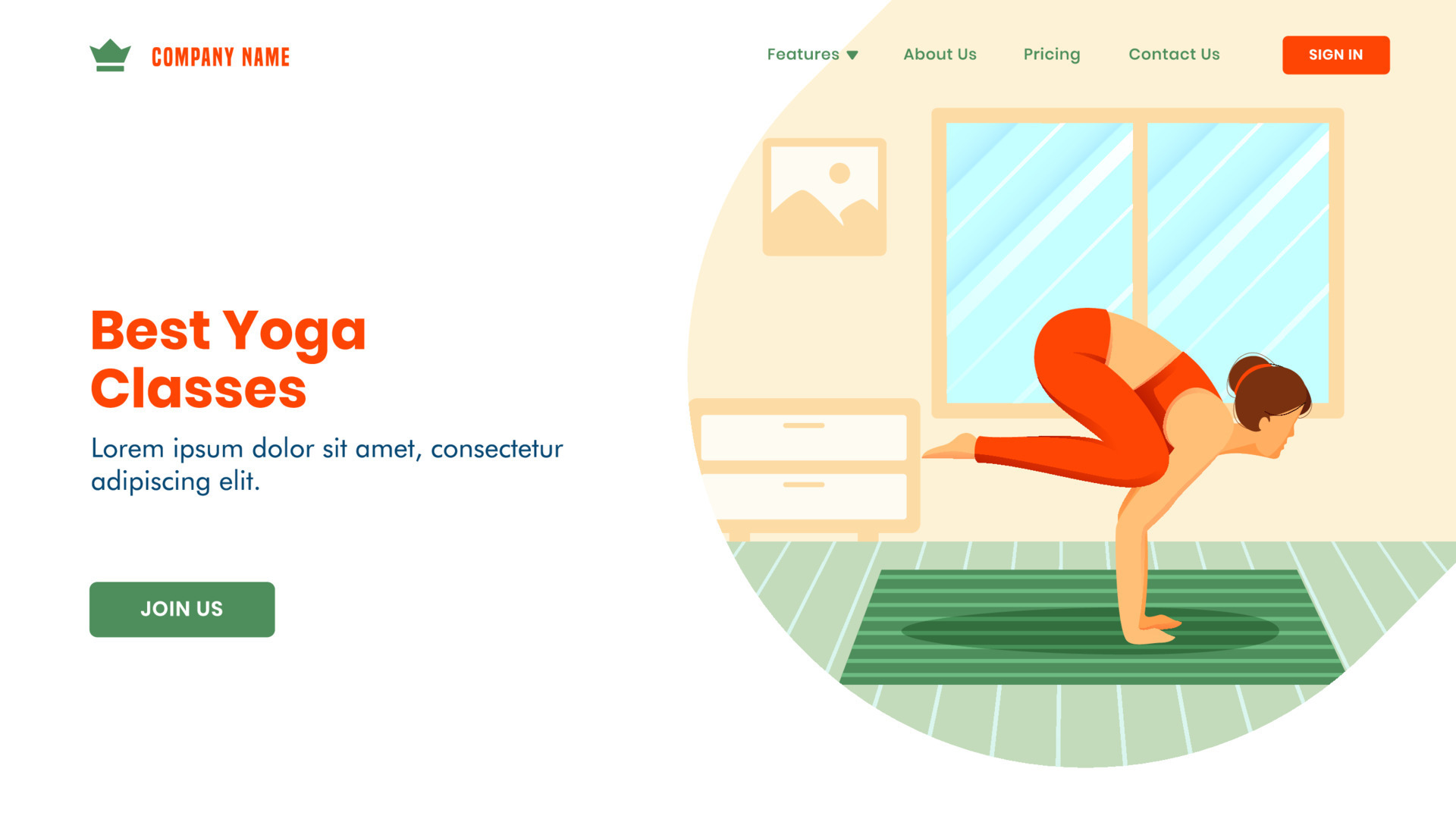Best Yoga Classes Landing Page Design With Young Woman Doing Exercise In Bakasana Pose Inside Of