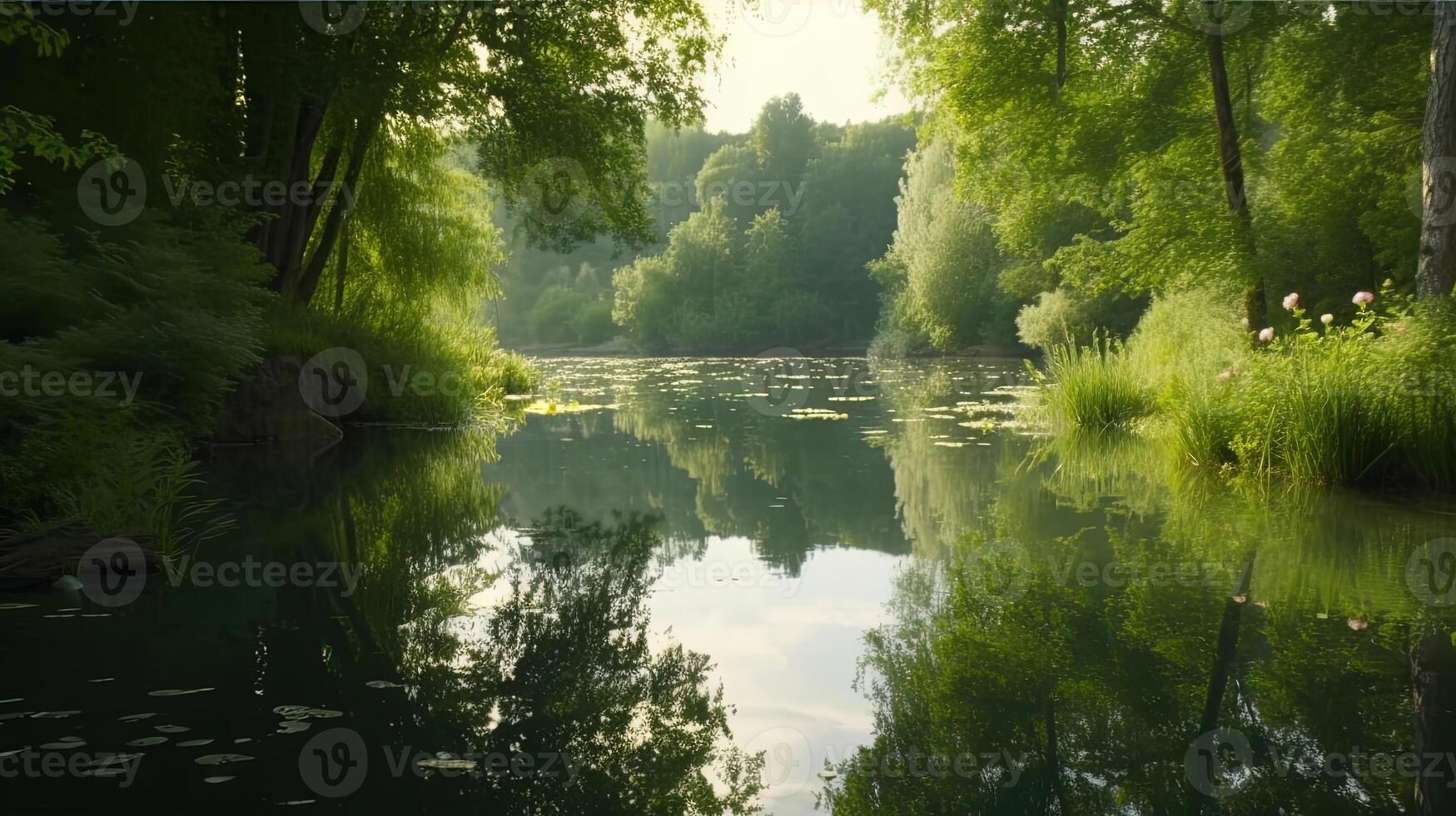 serene river flows into picturesque lake, digital art illustration ...