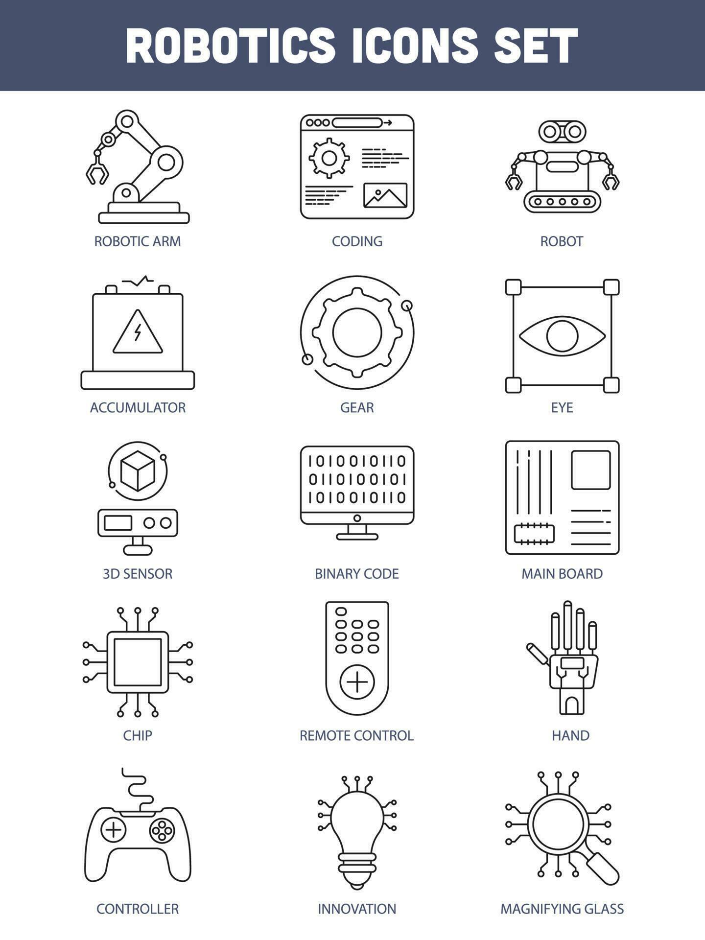 Black Line Art Set of Robotic Icon In Flat Style. 23438112 Vector Art ...