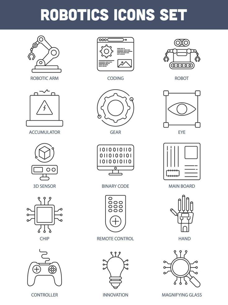Black Line Art Set of Robotic Icon In Flat Style. 23438112 Vector Art ...