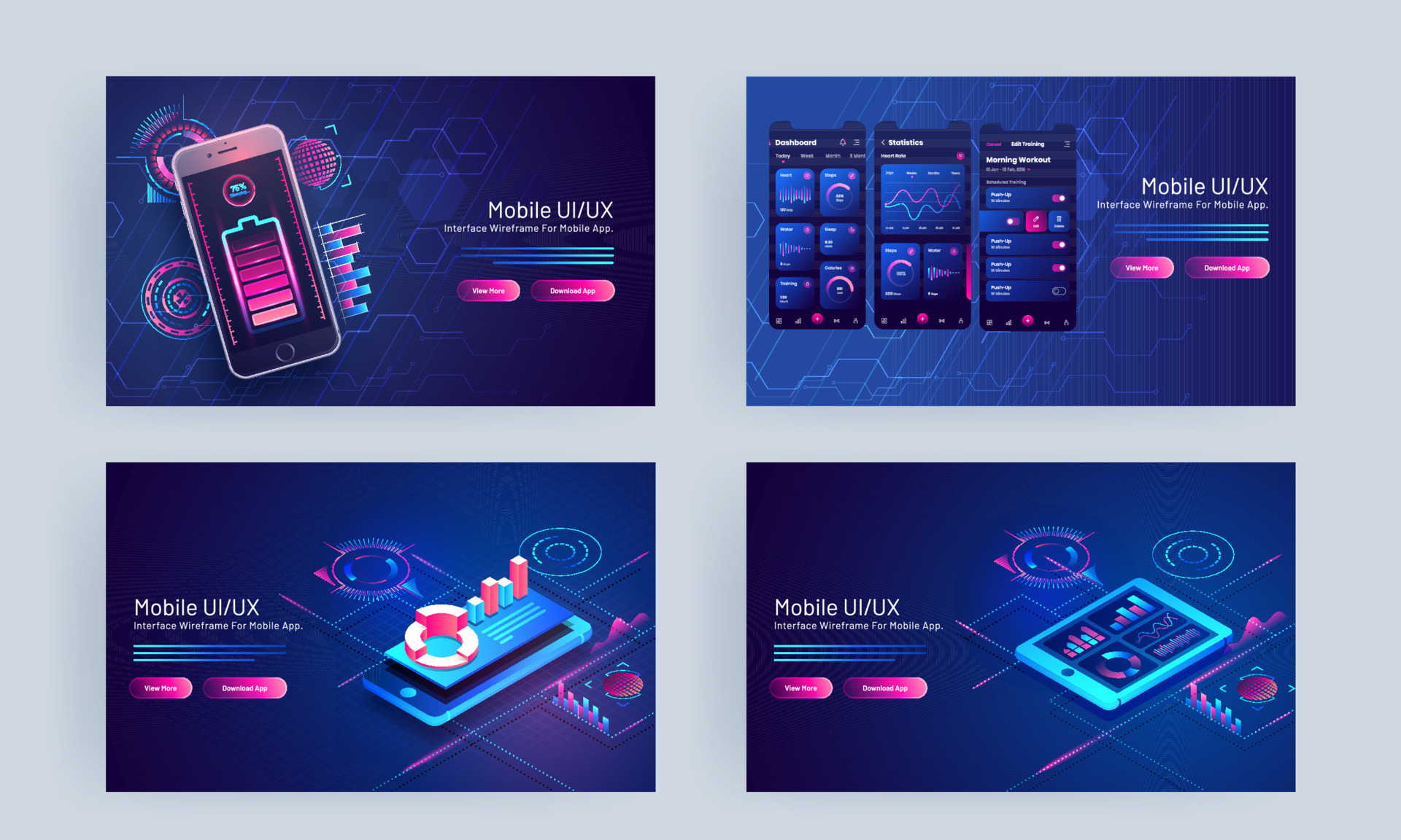 Mobile UI, UX concept based landing page set with smartphone and infographic elements on blue ...