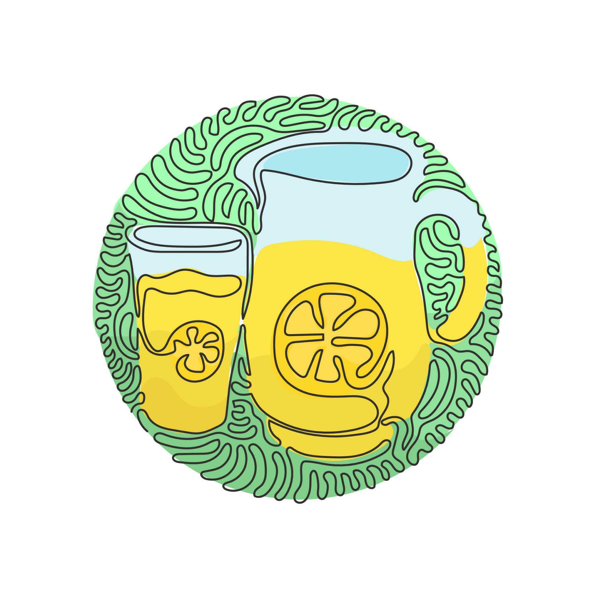 Single one line drawing lemonade in jug and glass. Glass and pitcher with lemons and ice cubes ...