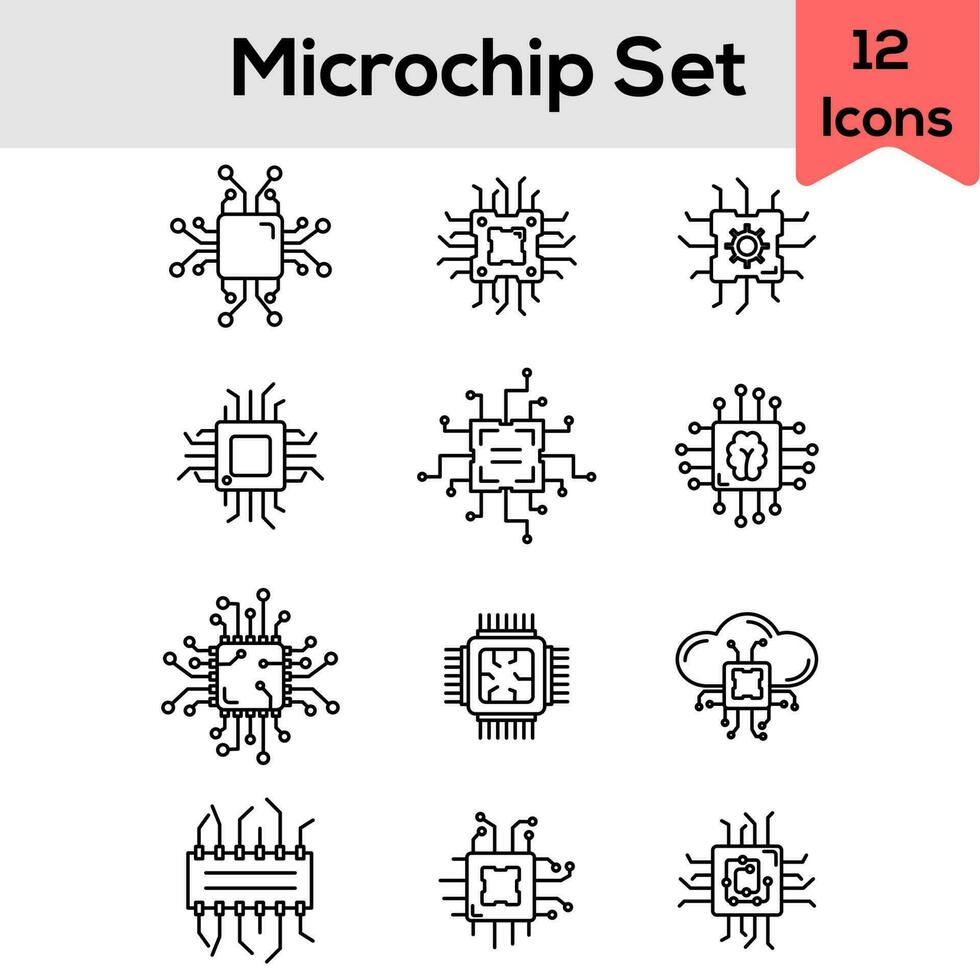 Black Line Art Illustration Of Microchip Icon Set. 23440358 Vector Art at Vecteezy