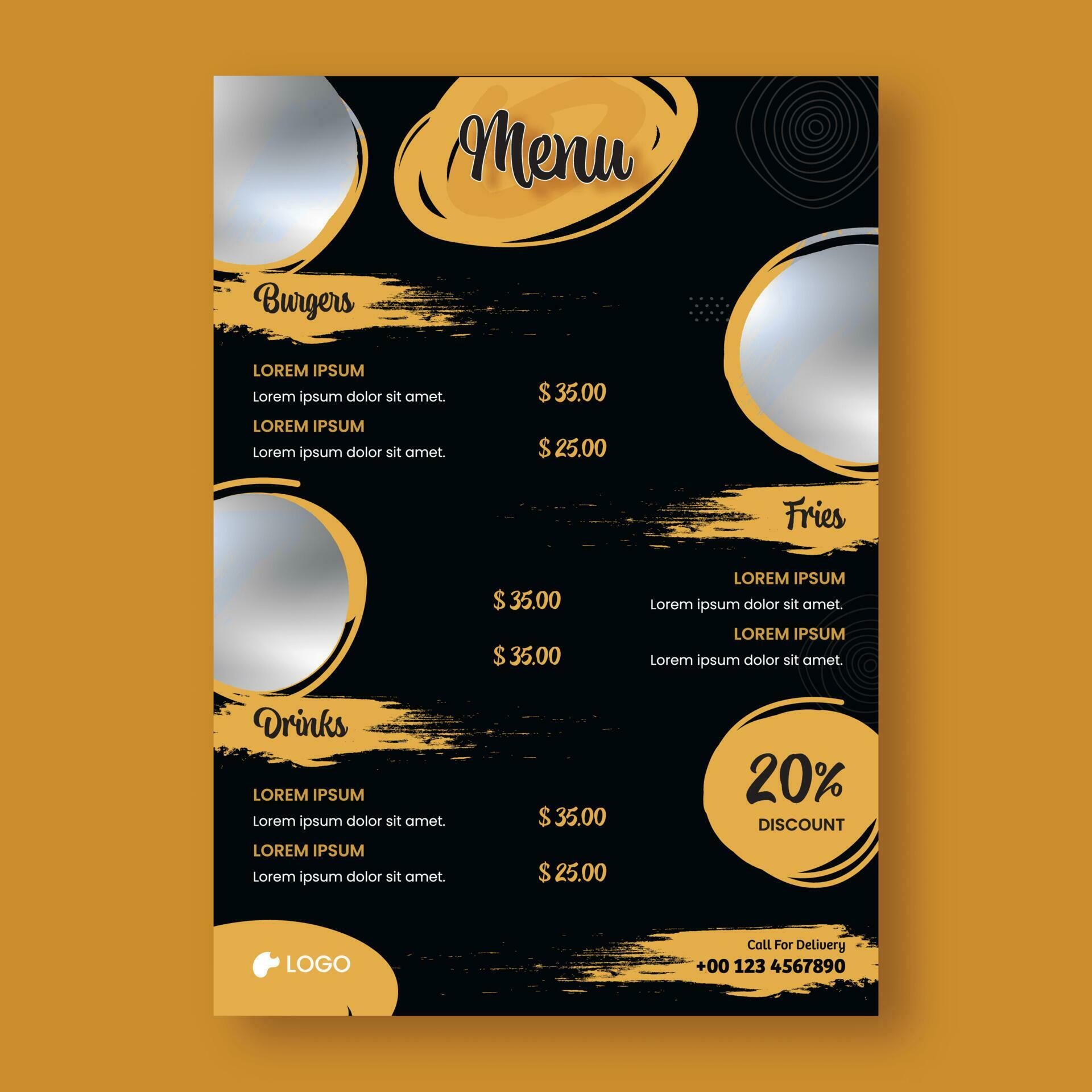 Menu Card Template Design With Yellow Brush Effect And Copy Space In ...