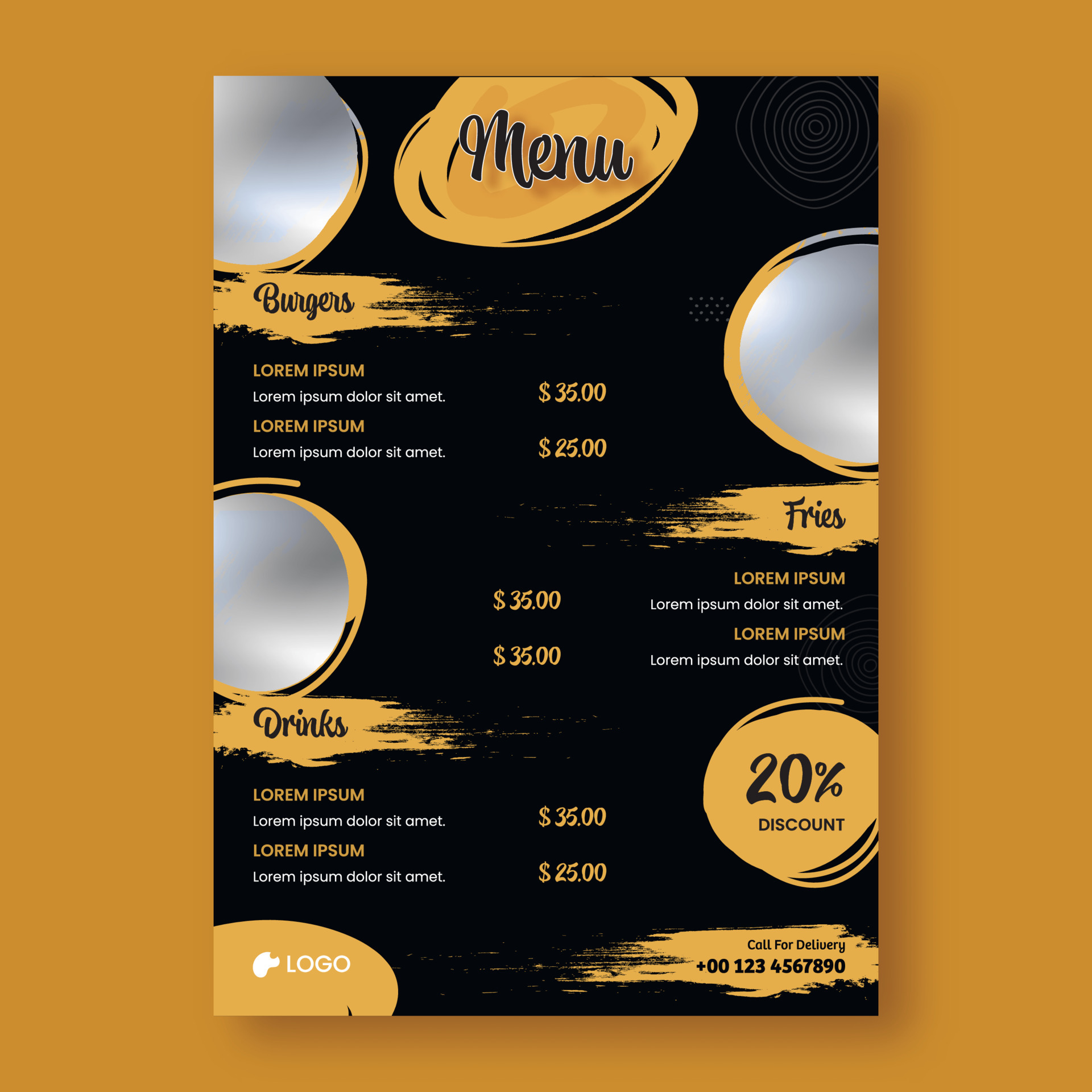 Menu Card Template Design With Yellow Brush Effect And Copy Space In ...
