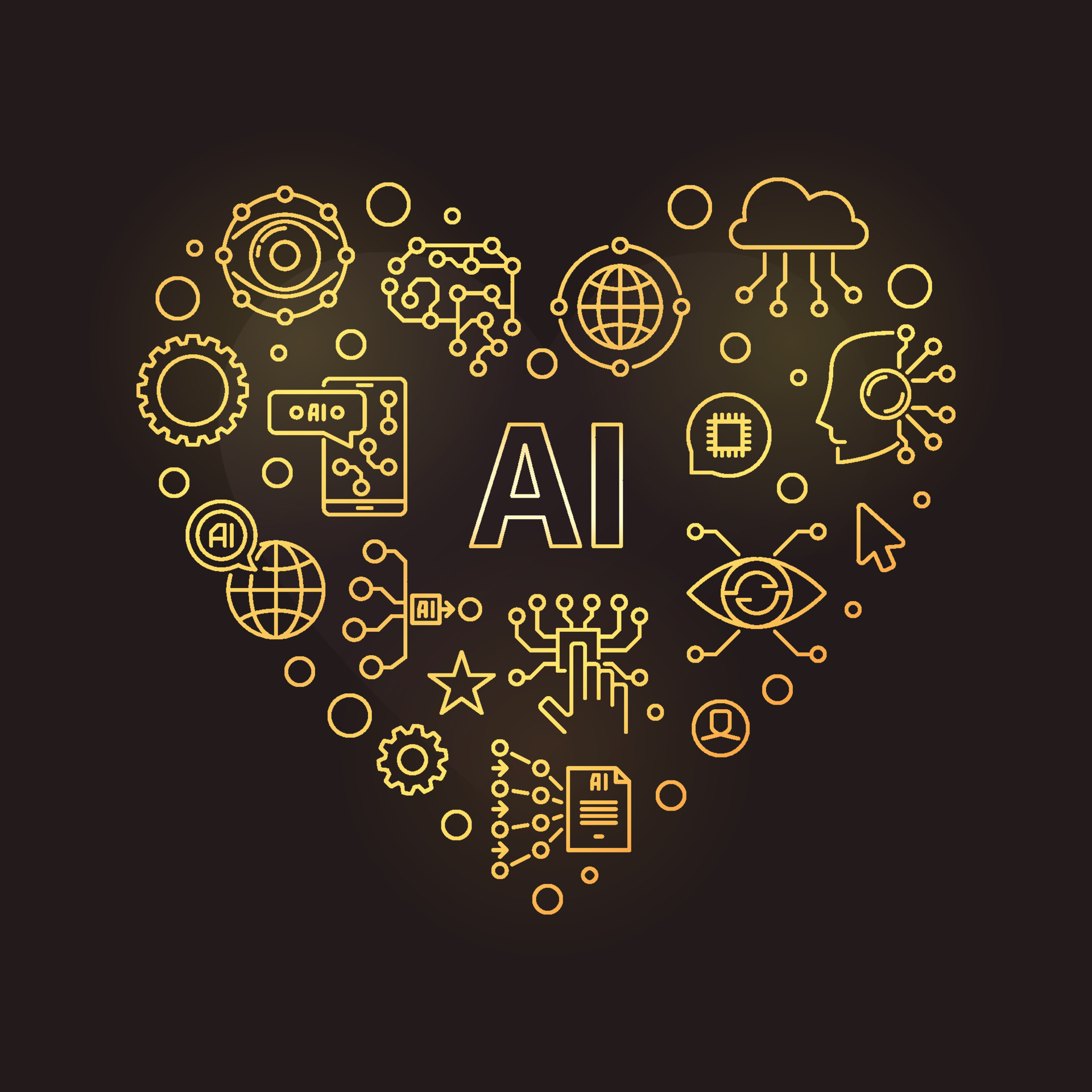 AI Heart linear golden banner. Vector heart-shaped I Love Artificial intelligence illustration ...
