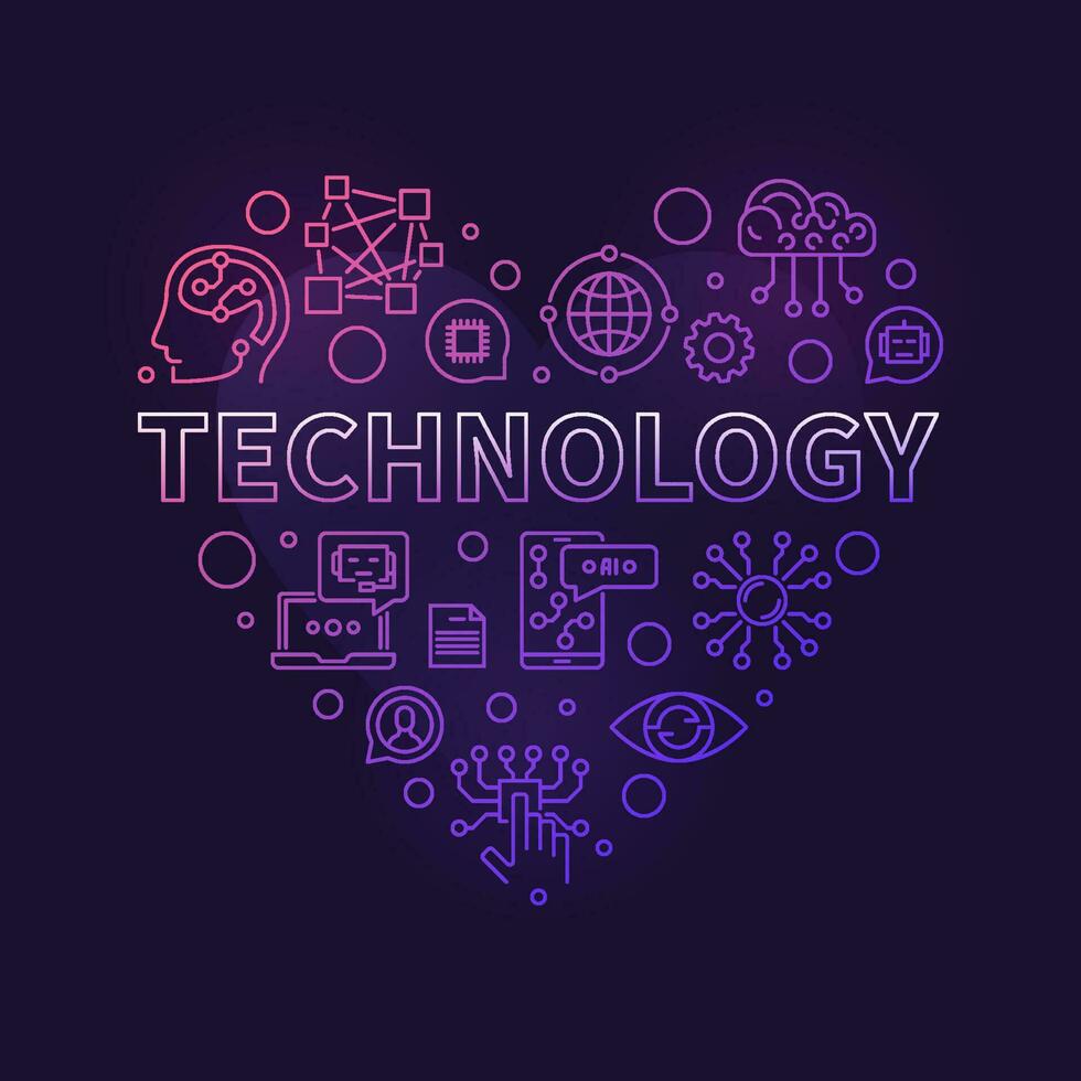 I Love Technology concept linear heart-shaped colored banner - vector Tech Heart illustration ...
