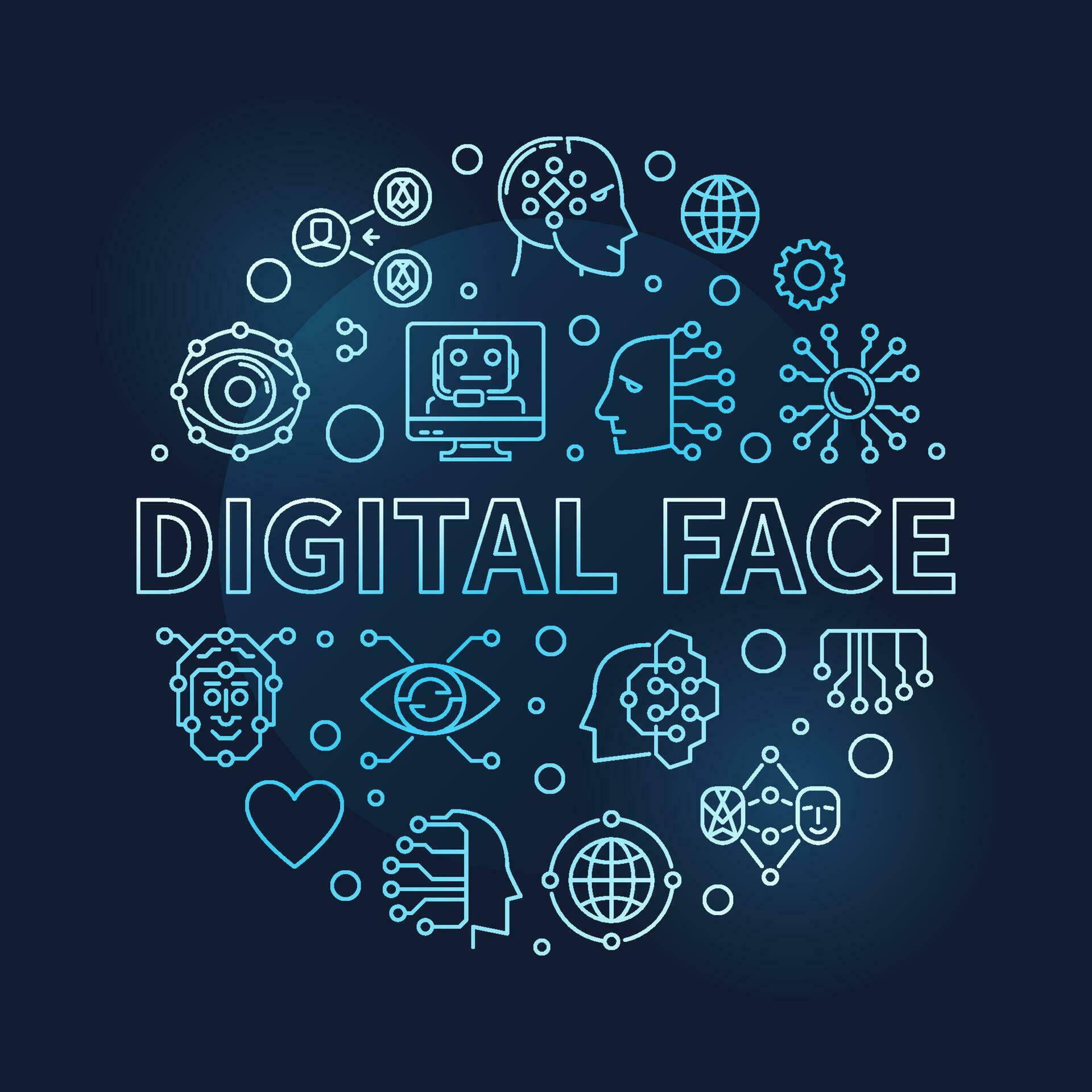 Digital Face Concept Line Round Vector Blue Banner Ai Bot Technology