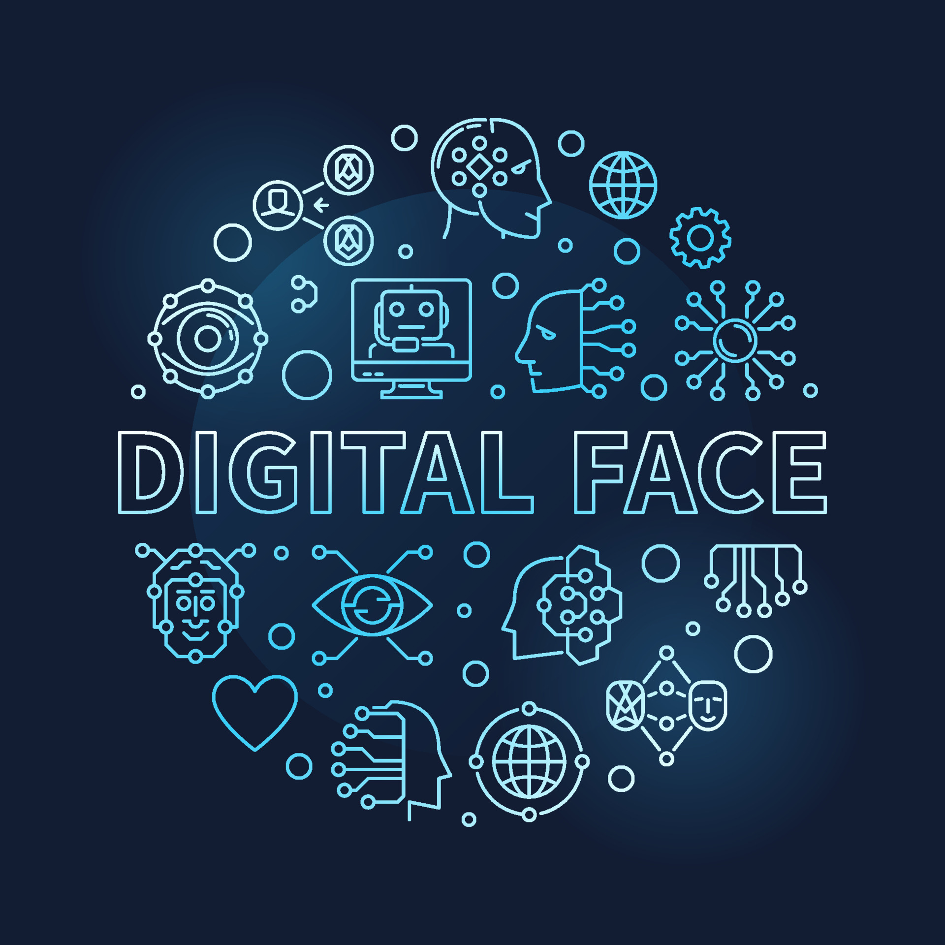 Digital Face Concept Line Round Vector Blue Banner Ai Bot Technology