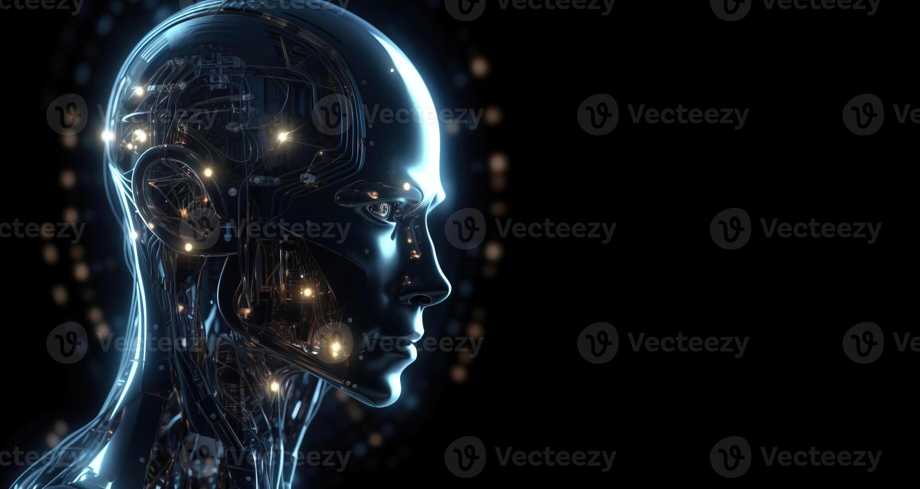 Artificial intelligence, composition of a chrome cyborg robot on a dark background, isolate ...