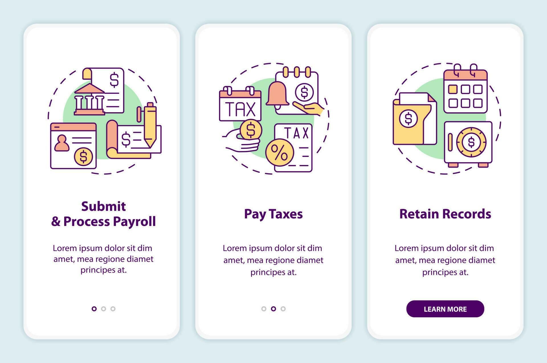 Stages Of Payroll Processing Onboarding Mobile App Screen Payment Walkthrough 3 Steps Editable