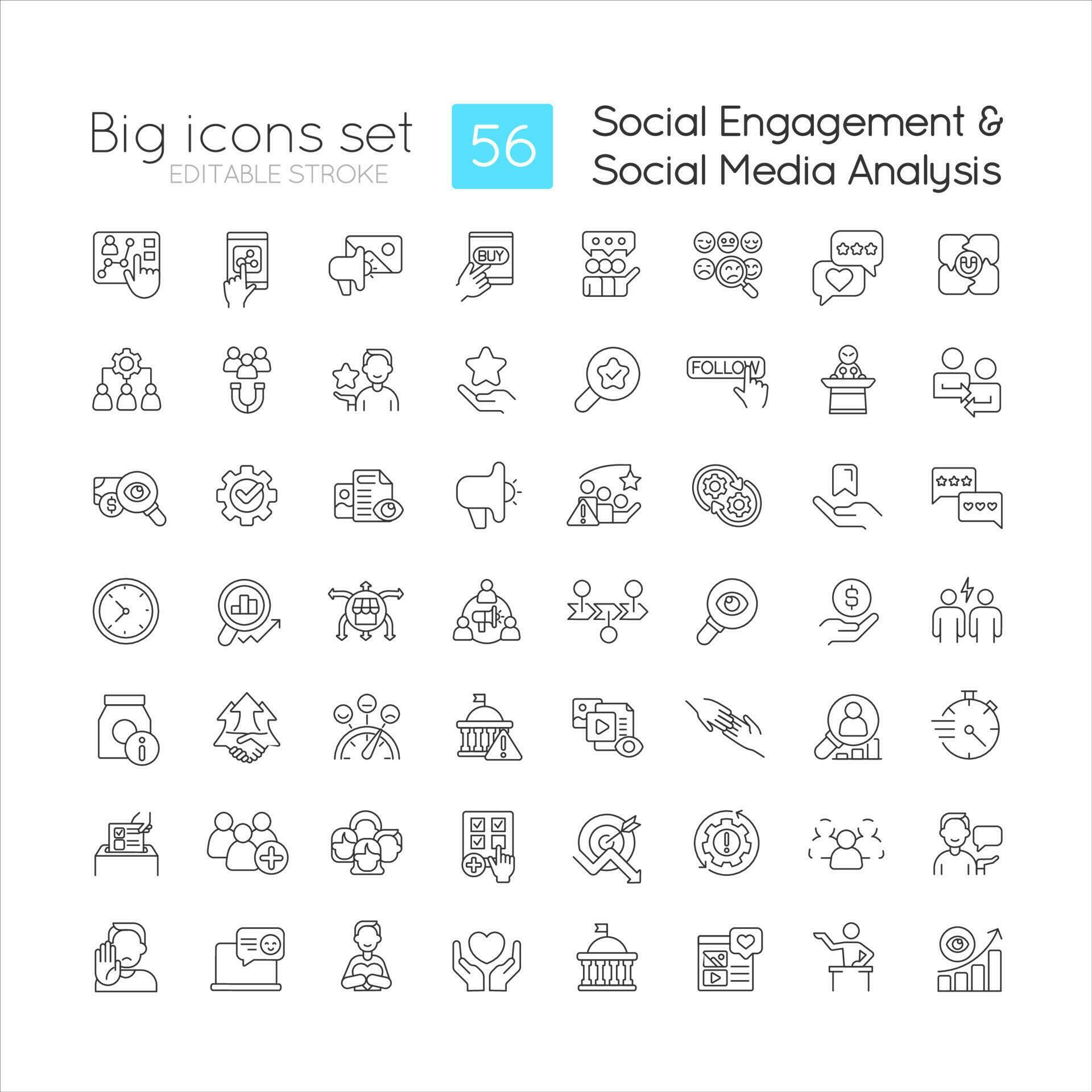 Social media engagement linear icons set. Target audience involvement. Users analysis ...