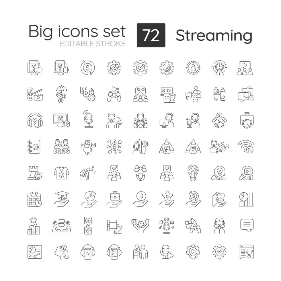 Live streaming linear big icons set. Professional online streamer. Video broadcasting. Digital ...