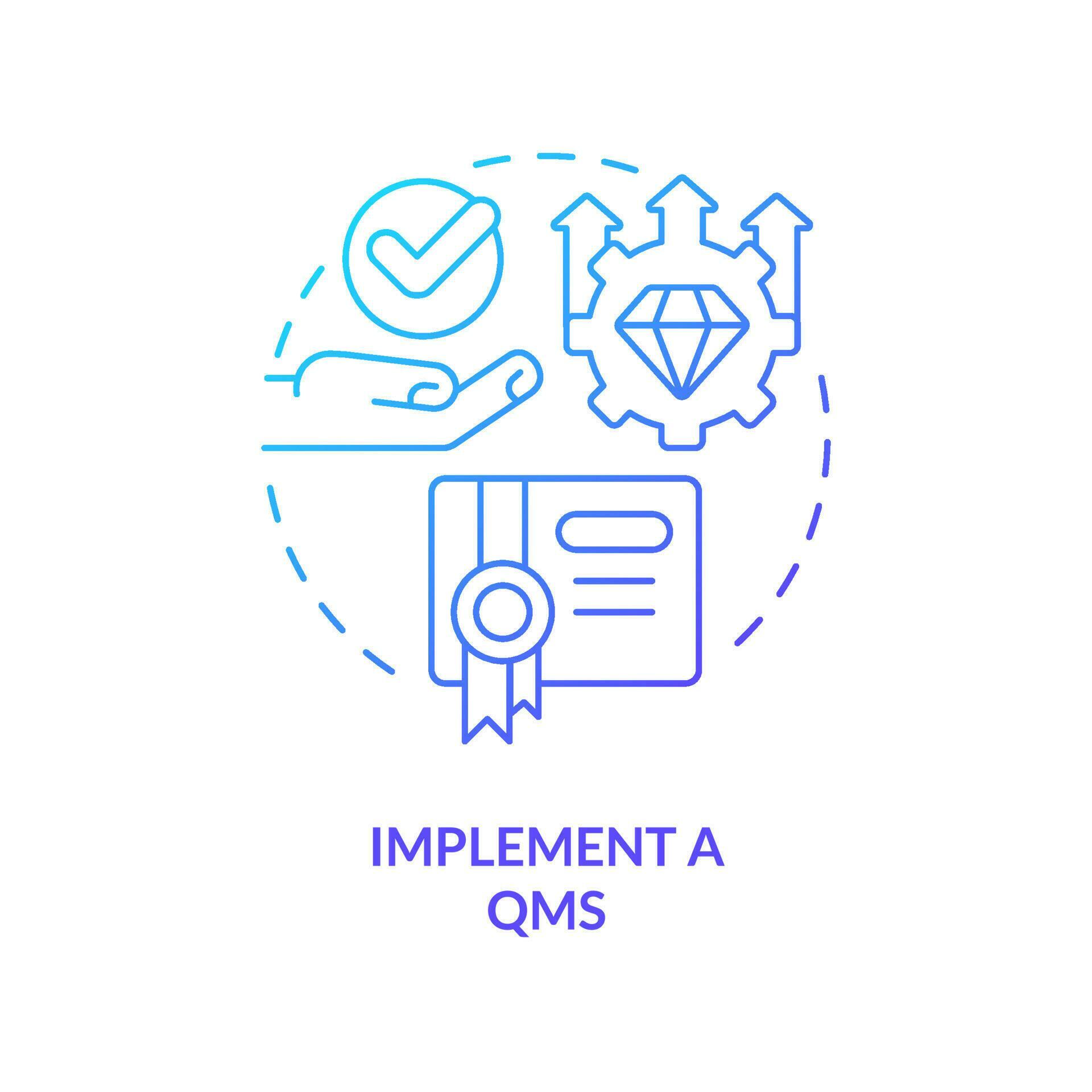 Implement QMS blue gradient concept icon. Quality management system. Improving product ...