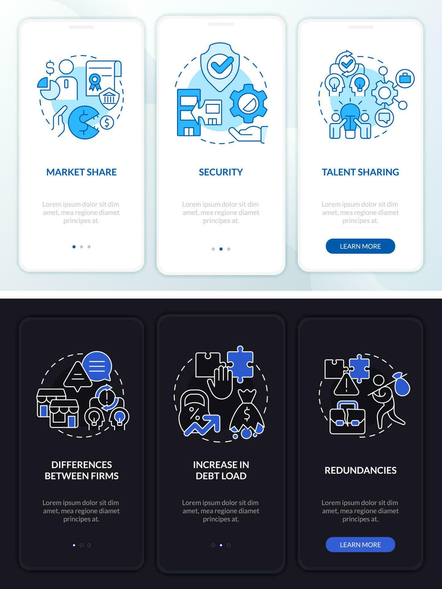 Merger Objectives Night And Day Mode Onboarding Mobile App Screen Walkthrough 3 Steps Editable