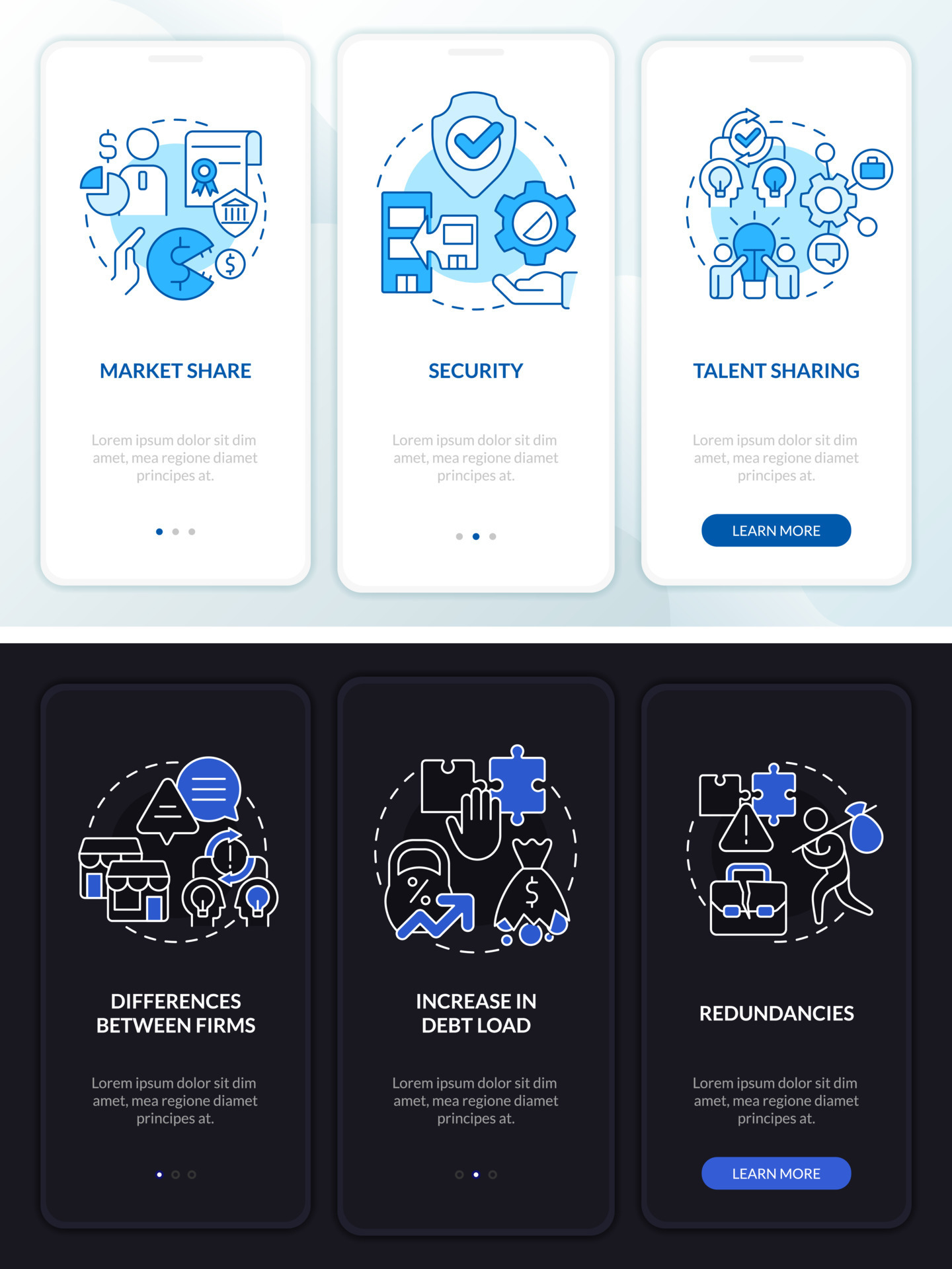 Merger Objectives Night And Day Mode Onboarding Mobile App Screen Walkthrough 3 Steps Editable