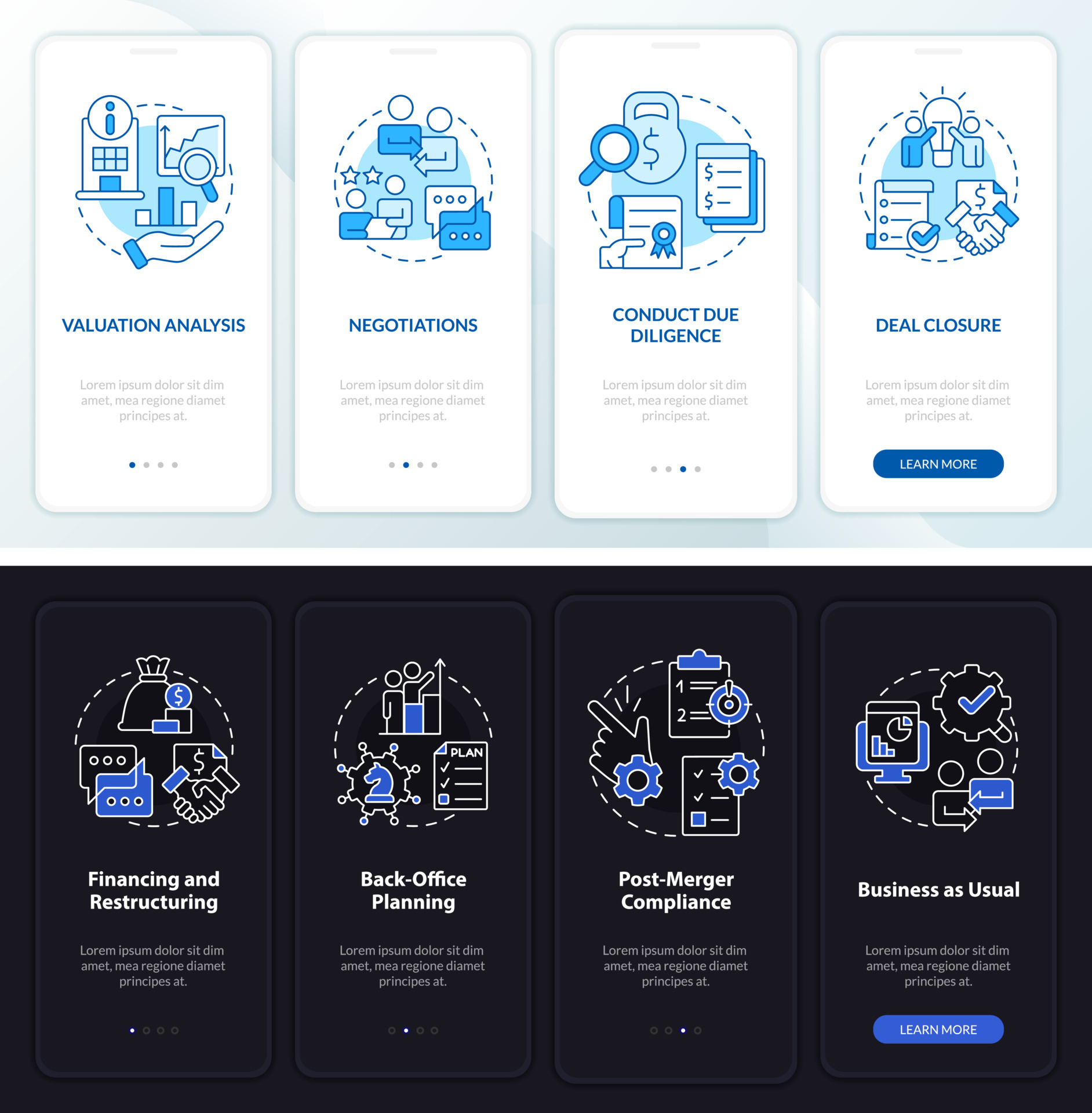 Stages Of Merger Night And Day Mode Onboarding Mobile App Screen Walkthrough 4 Steps Editable