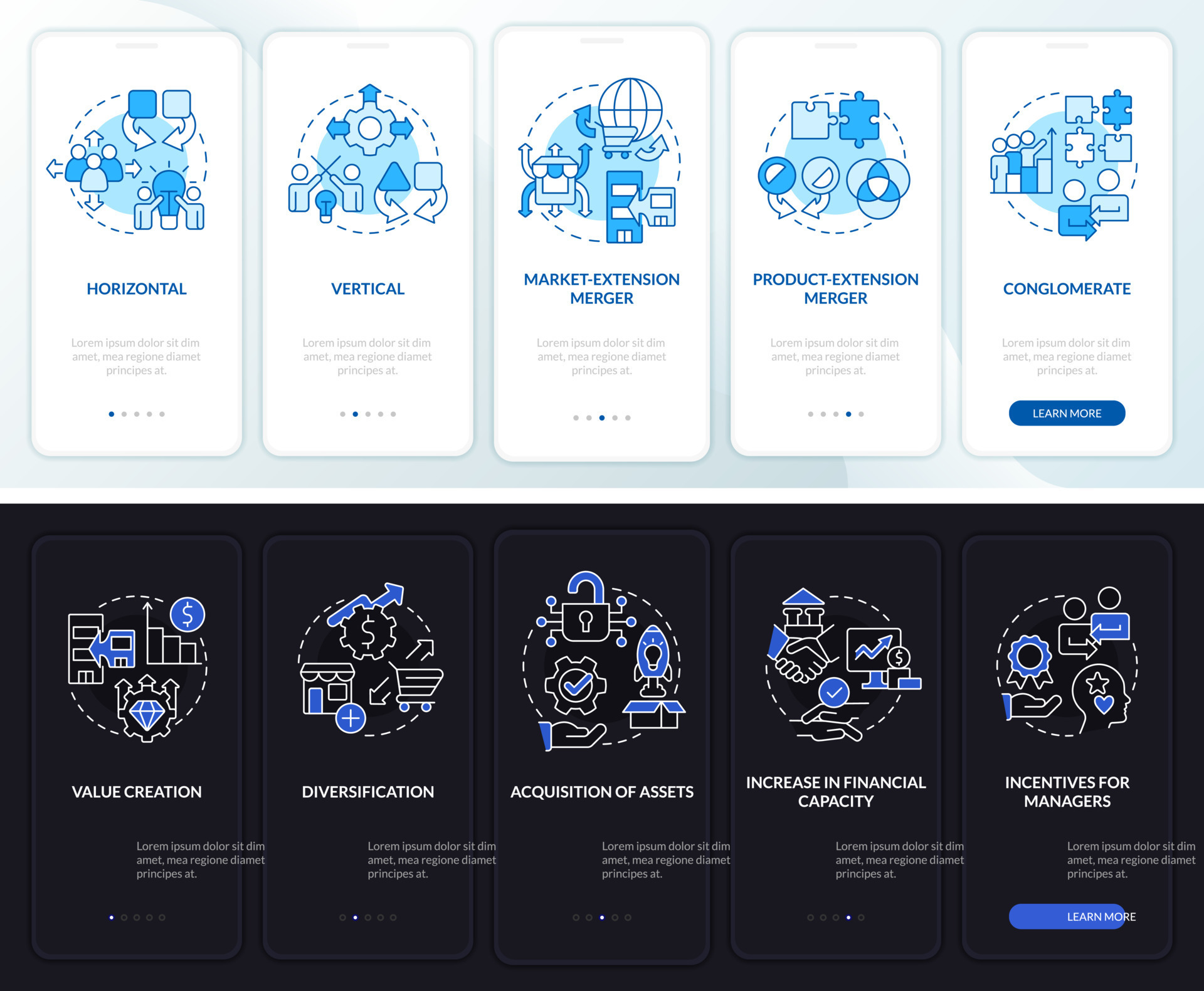 Types Of Mergers Night And Day Mode Onboarding Mobile App Screen Walkthrough 5 Steps Editable