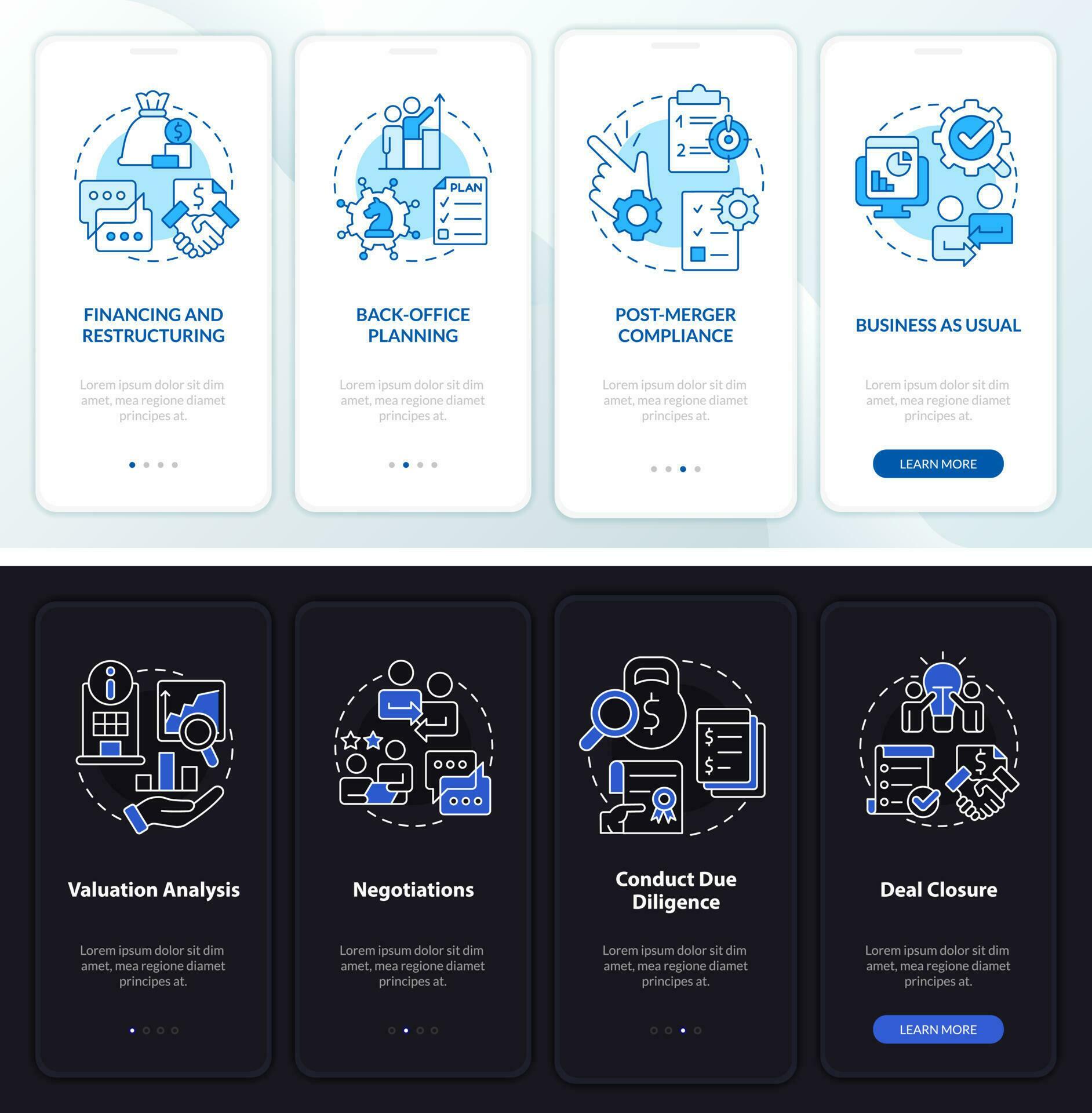 Merger Stages Night And Day Mode Onboarding Mobile App Screen Walkthrough 4 Steps Editable
