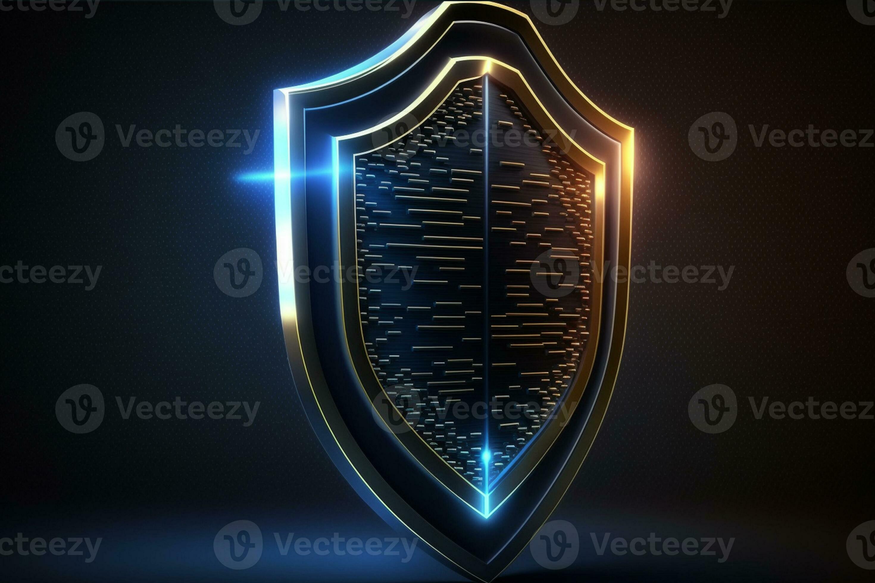 3d Futuristic glowing low polygonal guard shield symbol isolated on dark blue background. Cyber ...