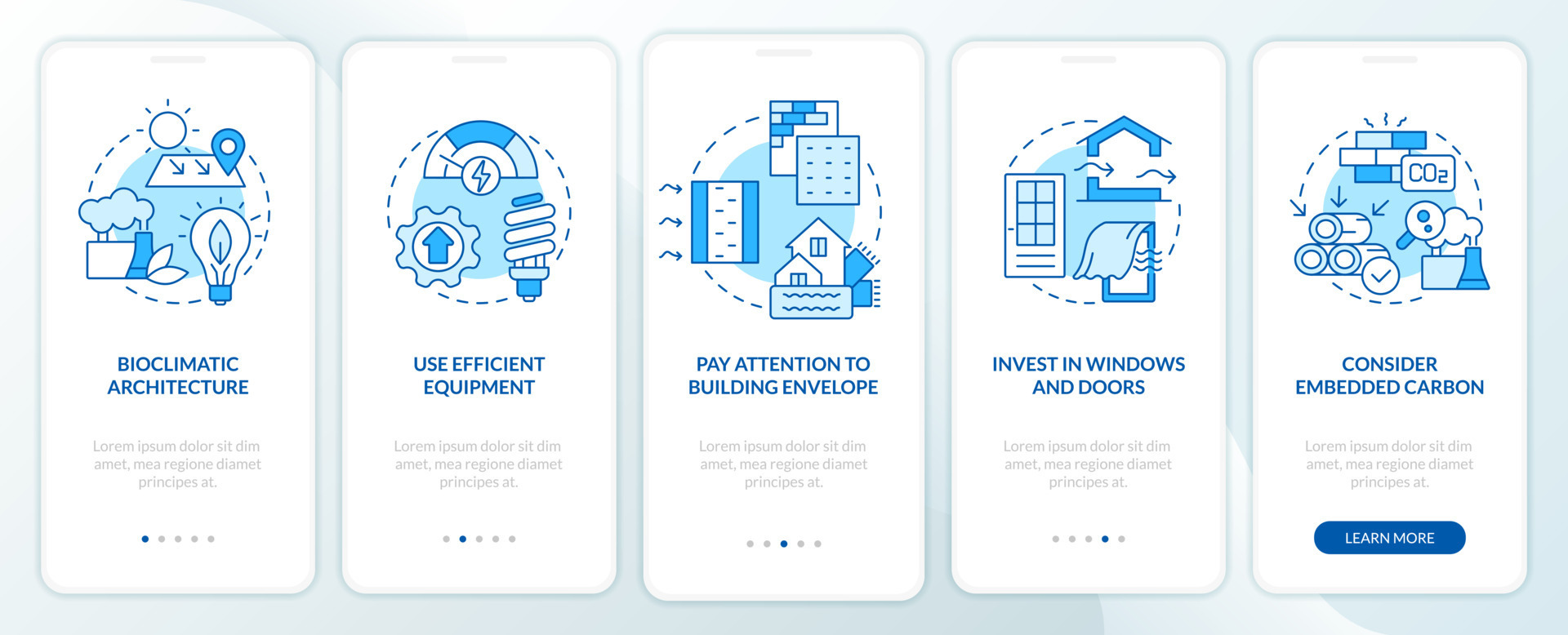 Net Zero Design Approach Blue Onboarding Mobile App Screen Walkthrough 5 Steps Editable Graphic
