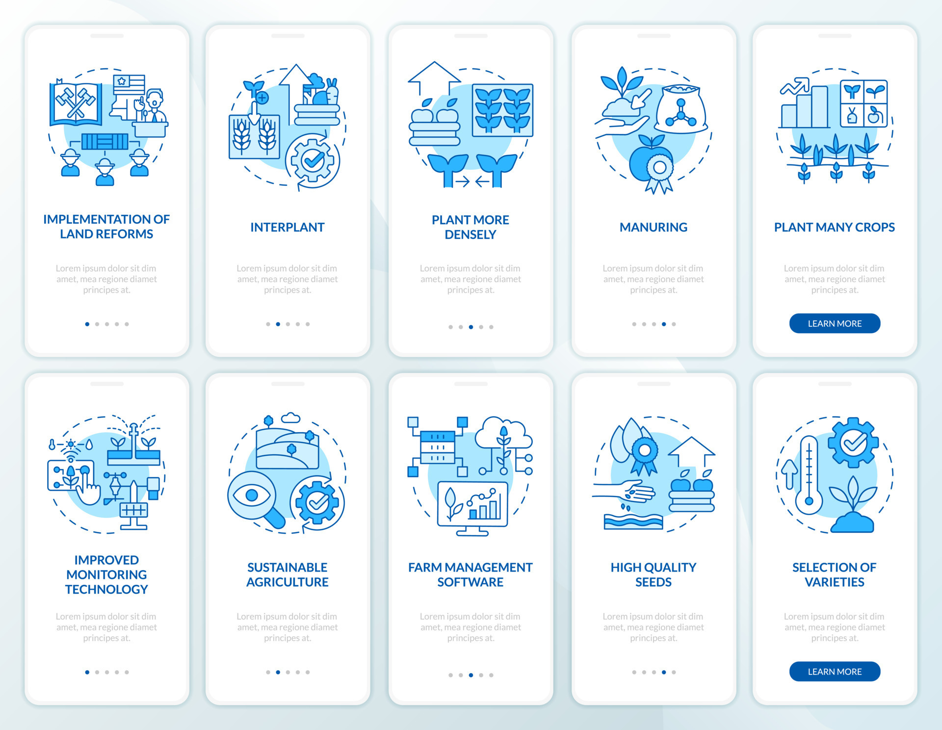 Farming Productivity Blue Onboarding Mobile App Screen Set Walkthrough 5 Steps Editable Graphic