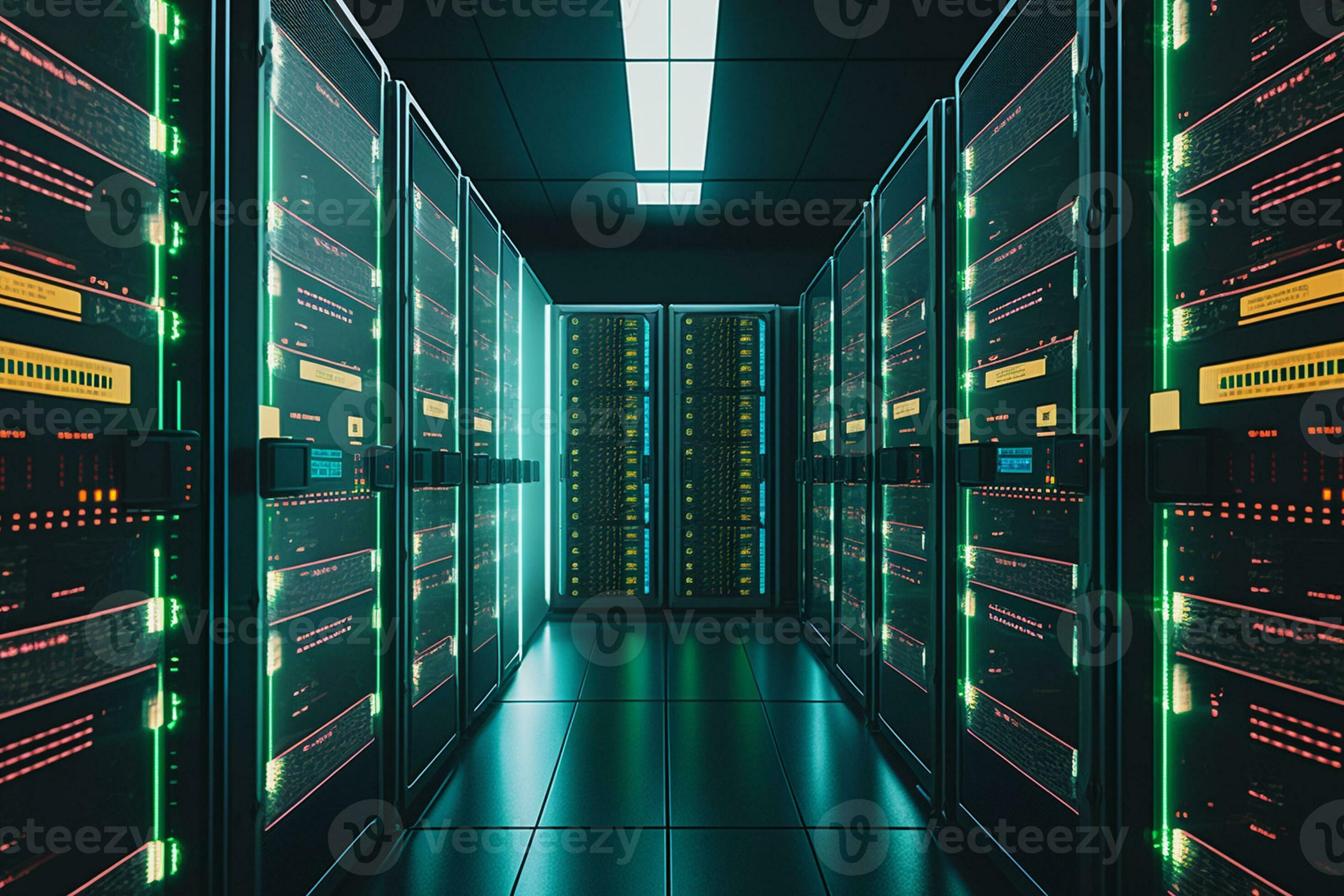 Shot Of Data Center With Multiple Rows Of Fully Operational Server Racks Ai Generated 23465599