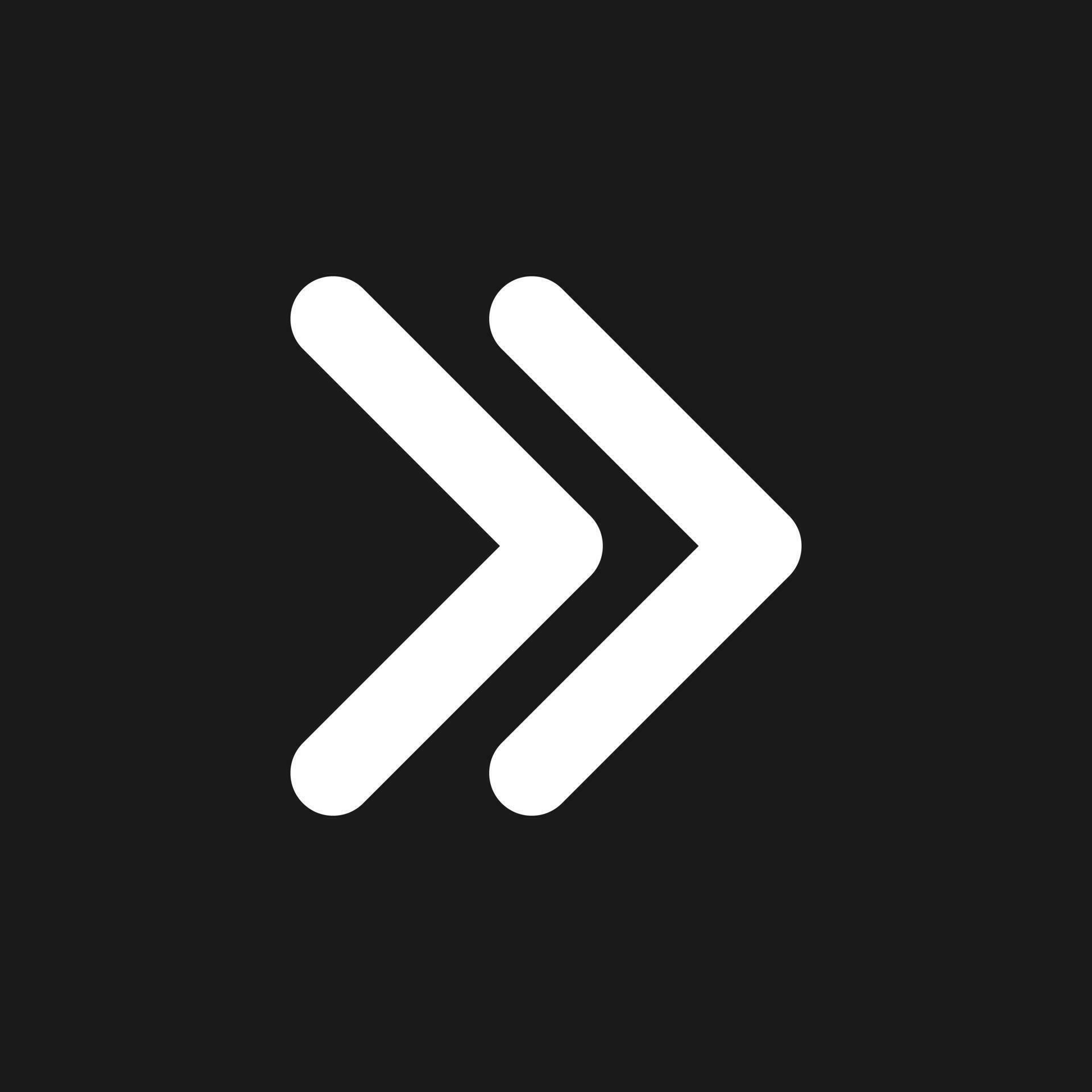 Right double arrow dark mode glyph ui icon. Fast forward button. Speed up. User interface design ...