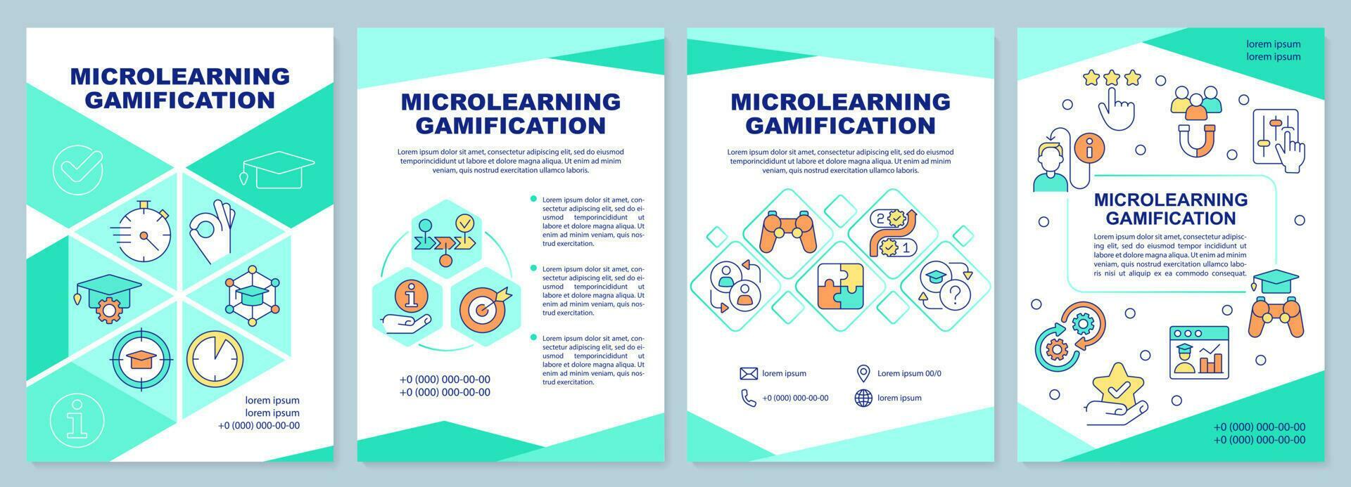 Microlearning gamification green brochure template. Education. Leaflet design with linear icons ...