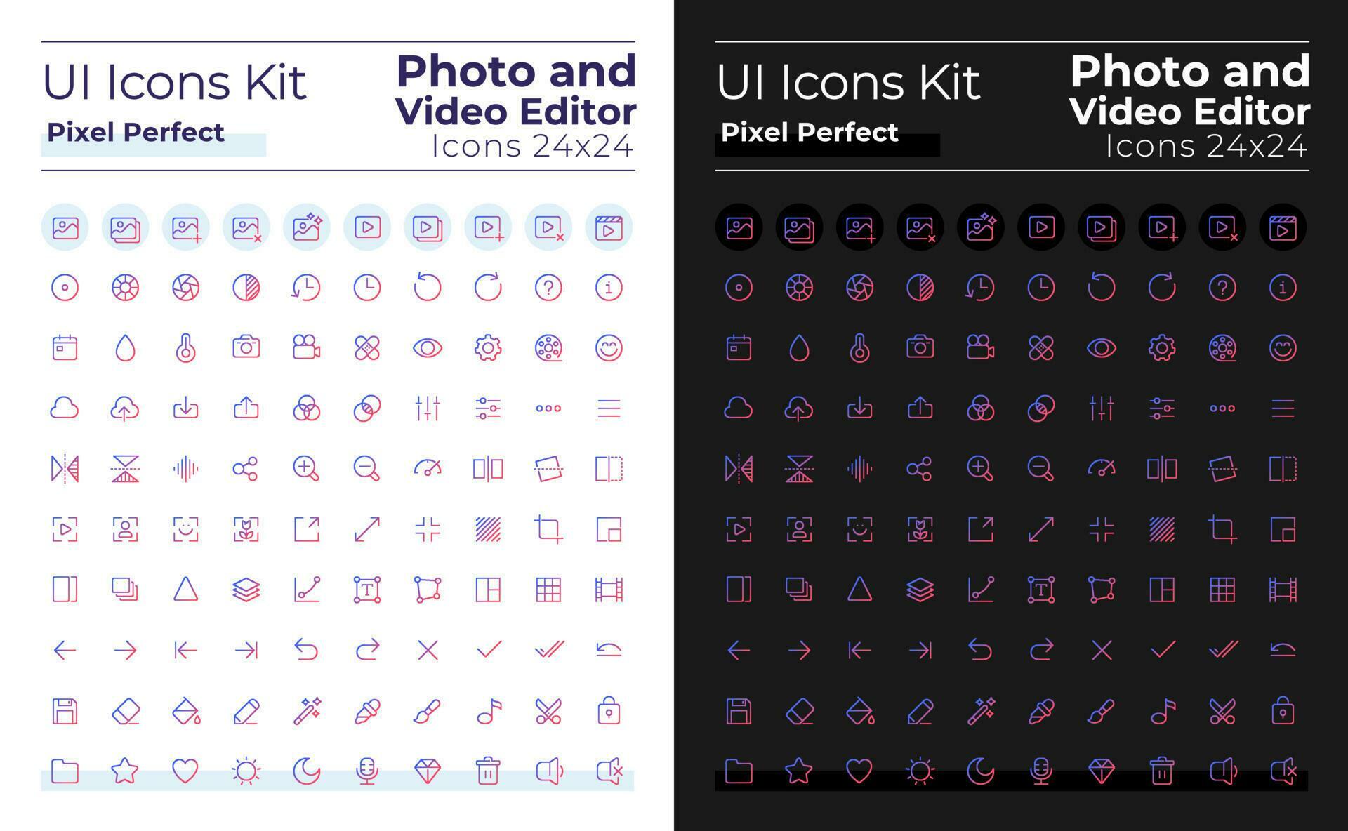 Photo and video editor pixel perfect gradient linear ui icons set for dark, light mode. Line ...