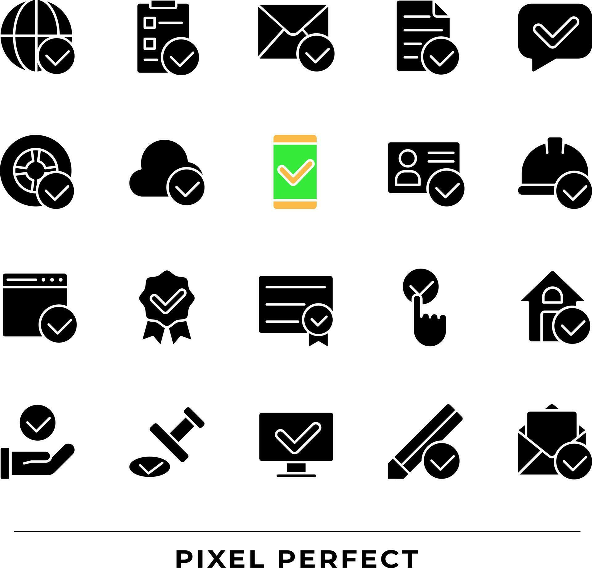 Checkmark black glyph icons set on white space. Information validation ...