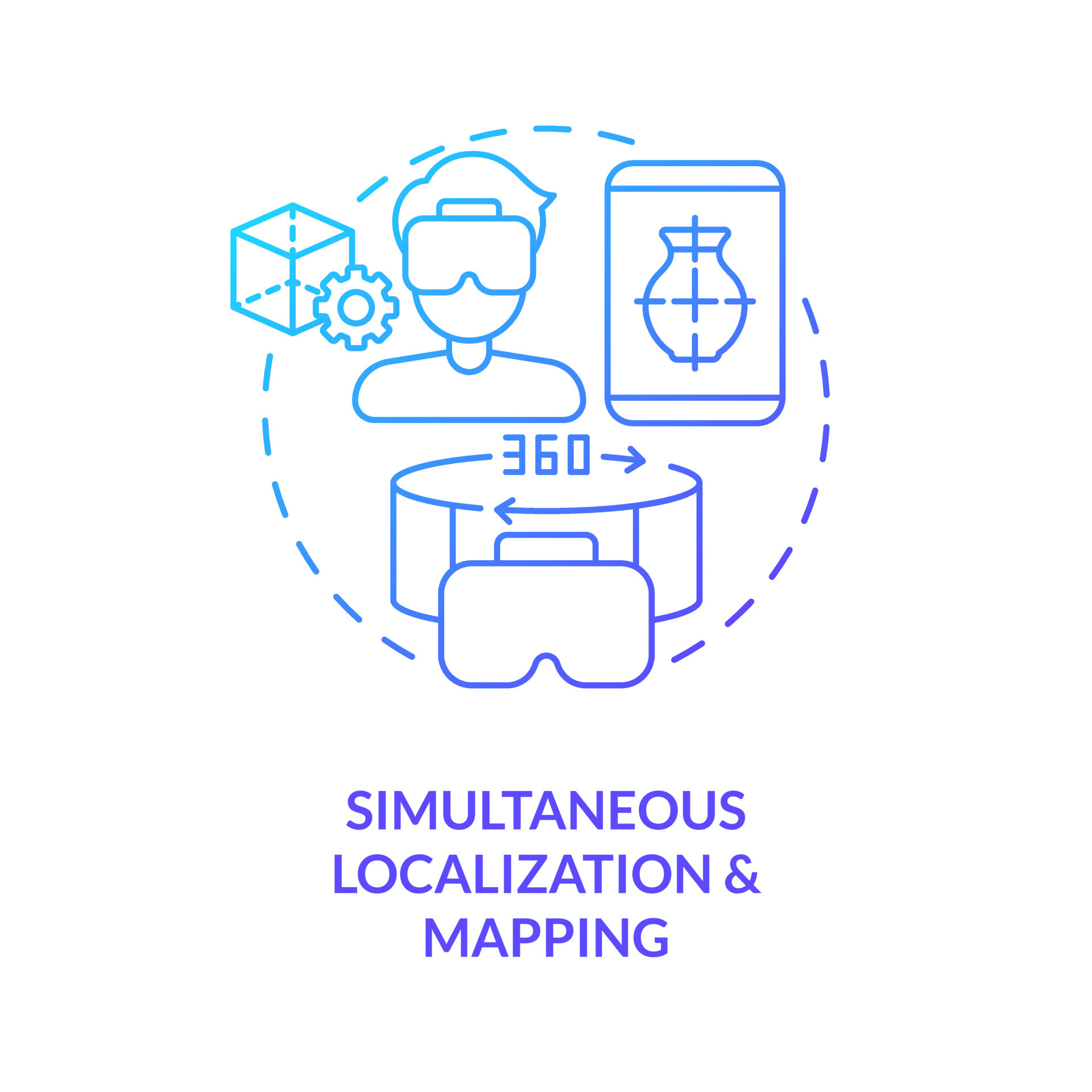 Simultaneous localization and mapping blue gradient concept icon. Metaverse synthetic data ...