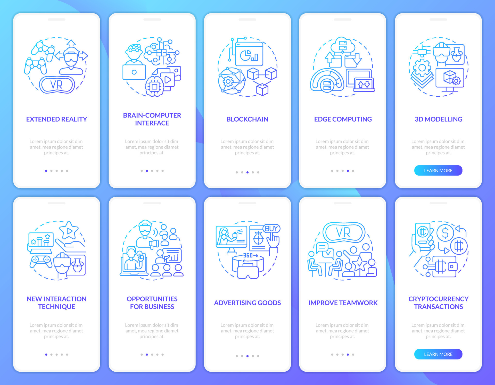 Metaverse For Business Blue Gradient Onboarding Mobile App Screens Set Walkthrough 5 Steps