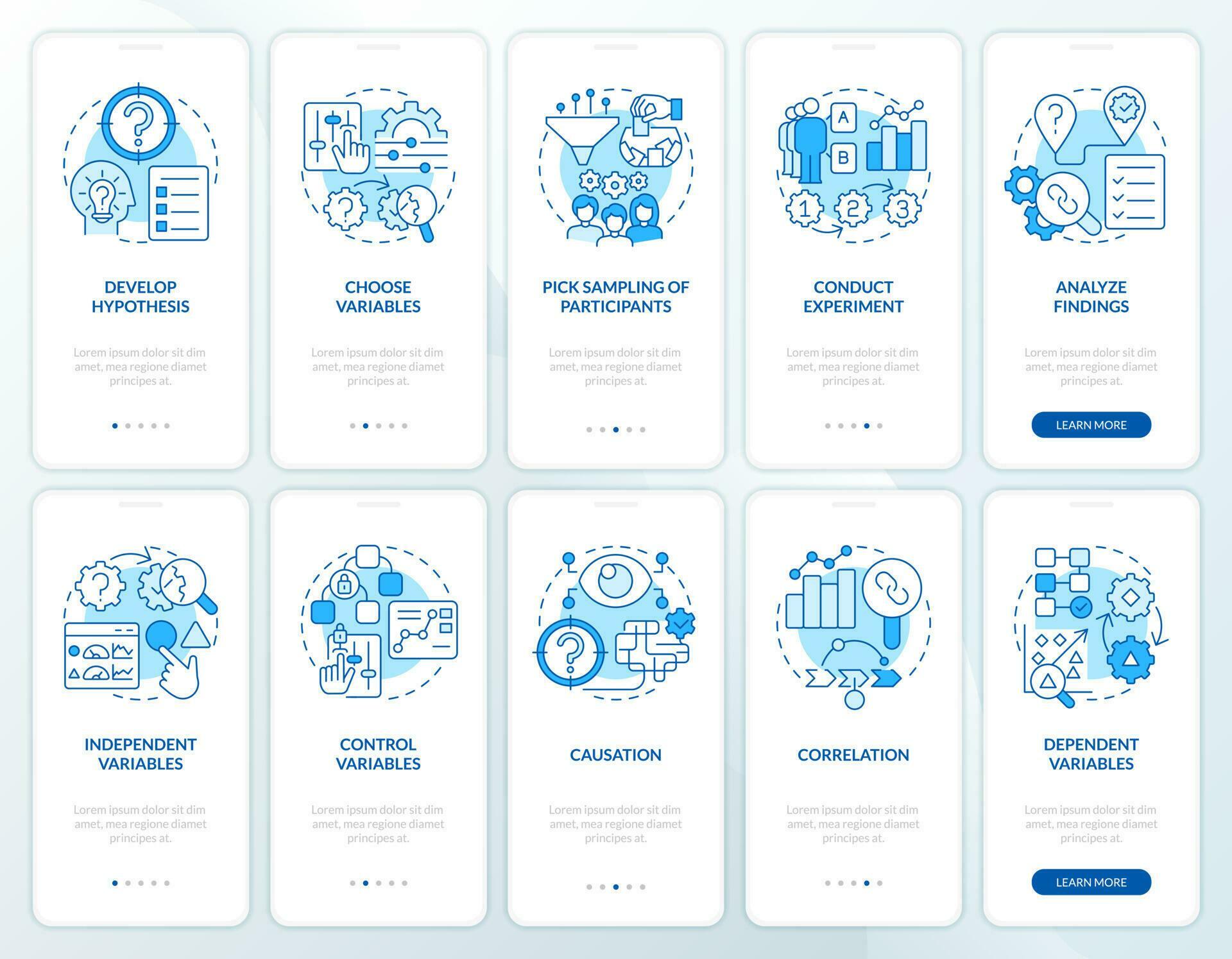 Causal Research Blue Onboarding Mobile App Screens Set Analytics Walkthrough 5 Steps Editable