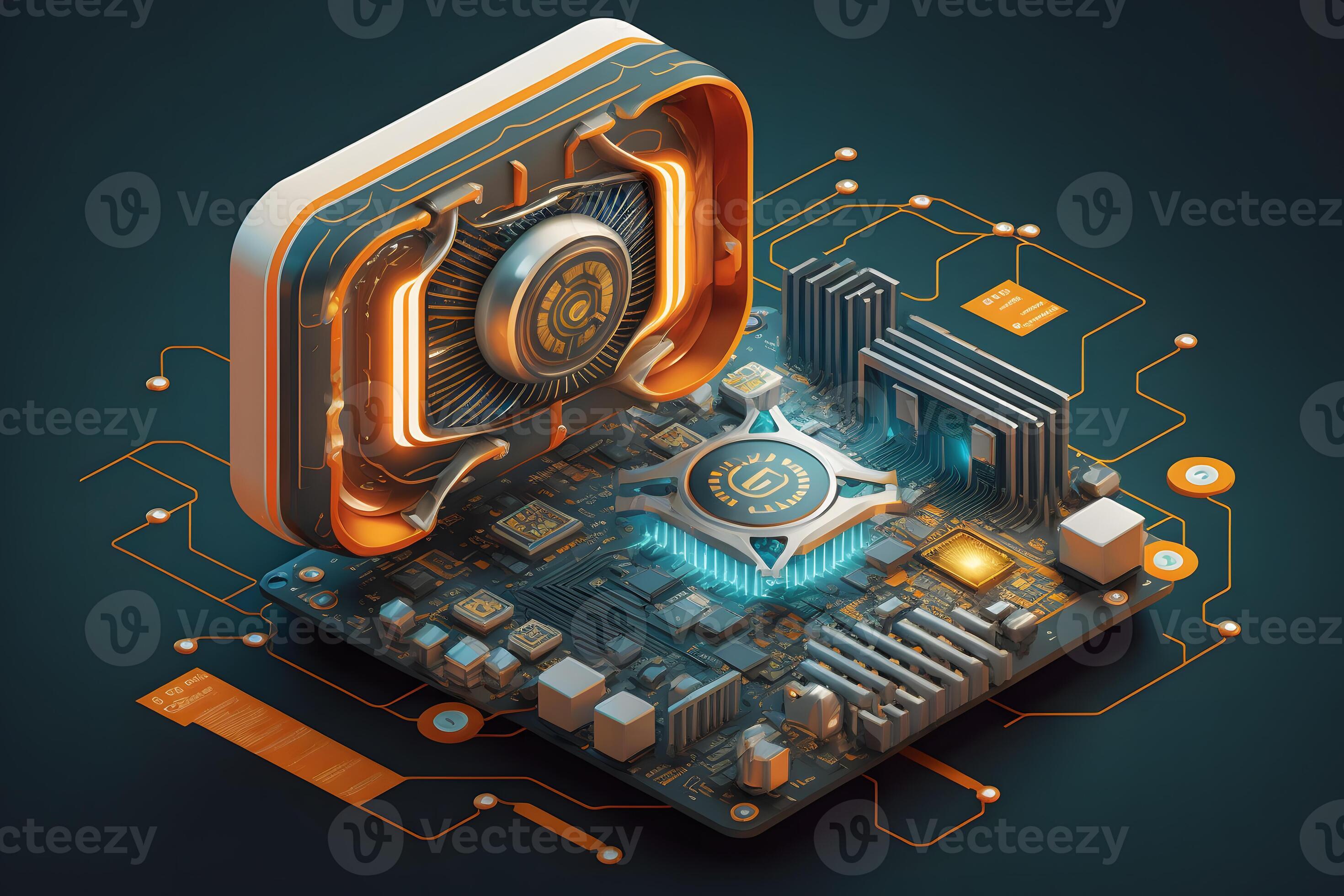 A board with chips and a gaming graphics card processor. Progressive ...