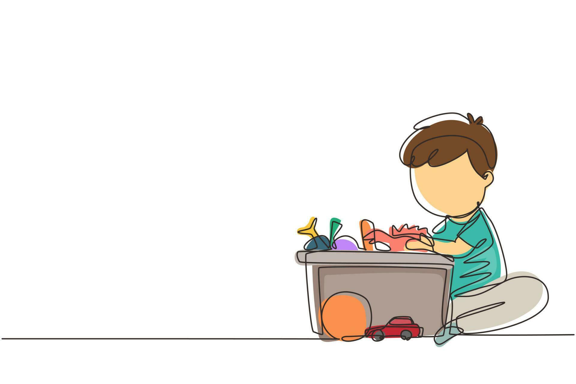 Single continuous line drawing little boy putting his toys into box ...