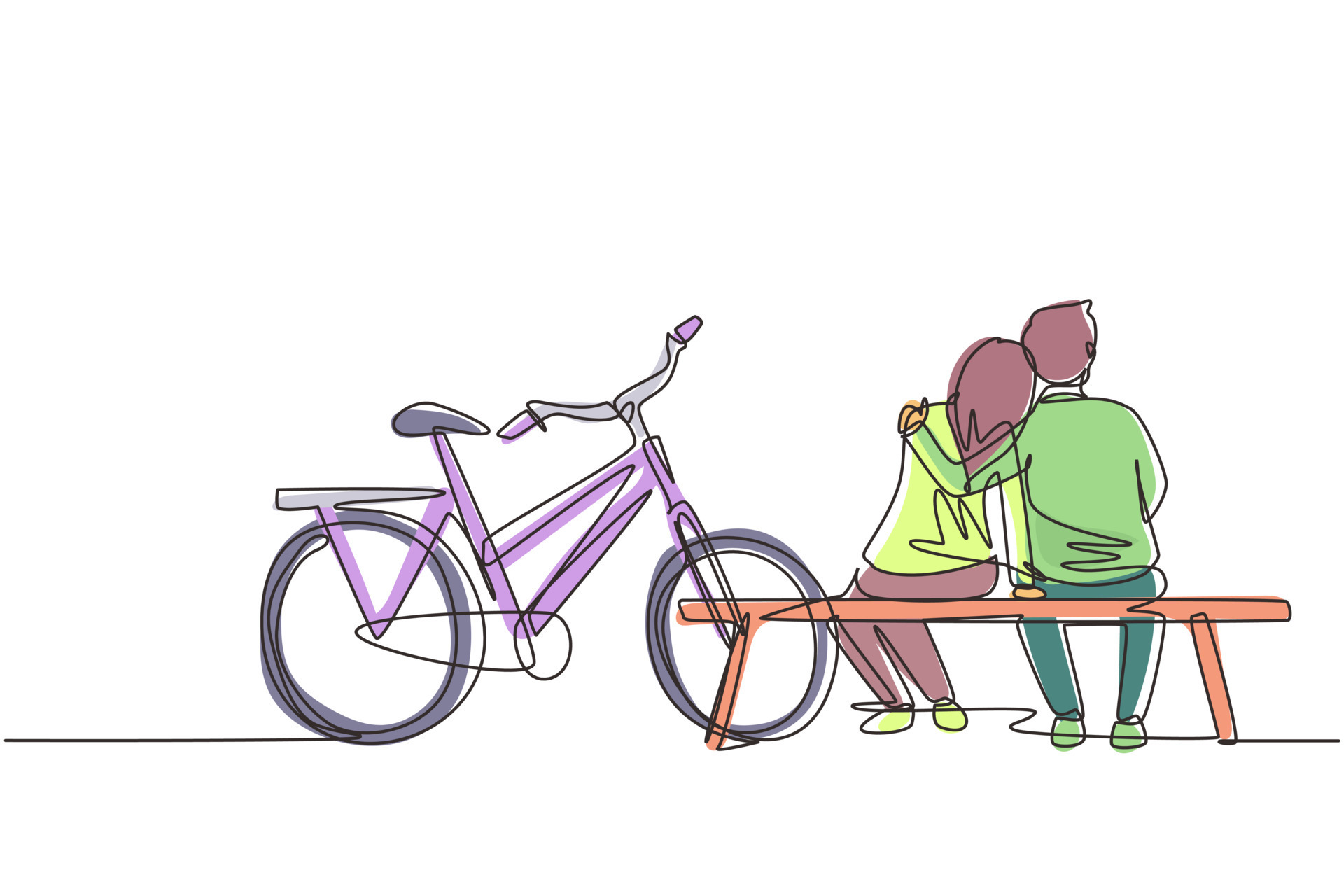 Single Continuous Line Drawing Romantic Couple Chatting While Sitting On Bench Happy Man Woman