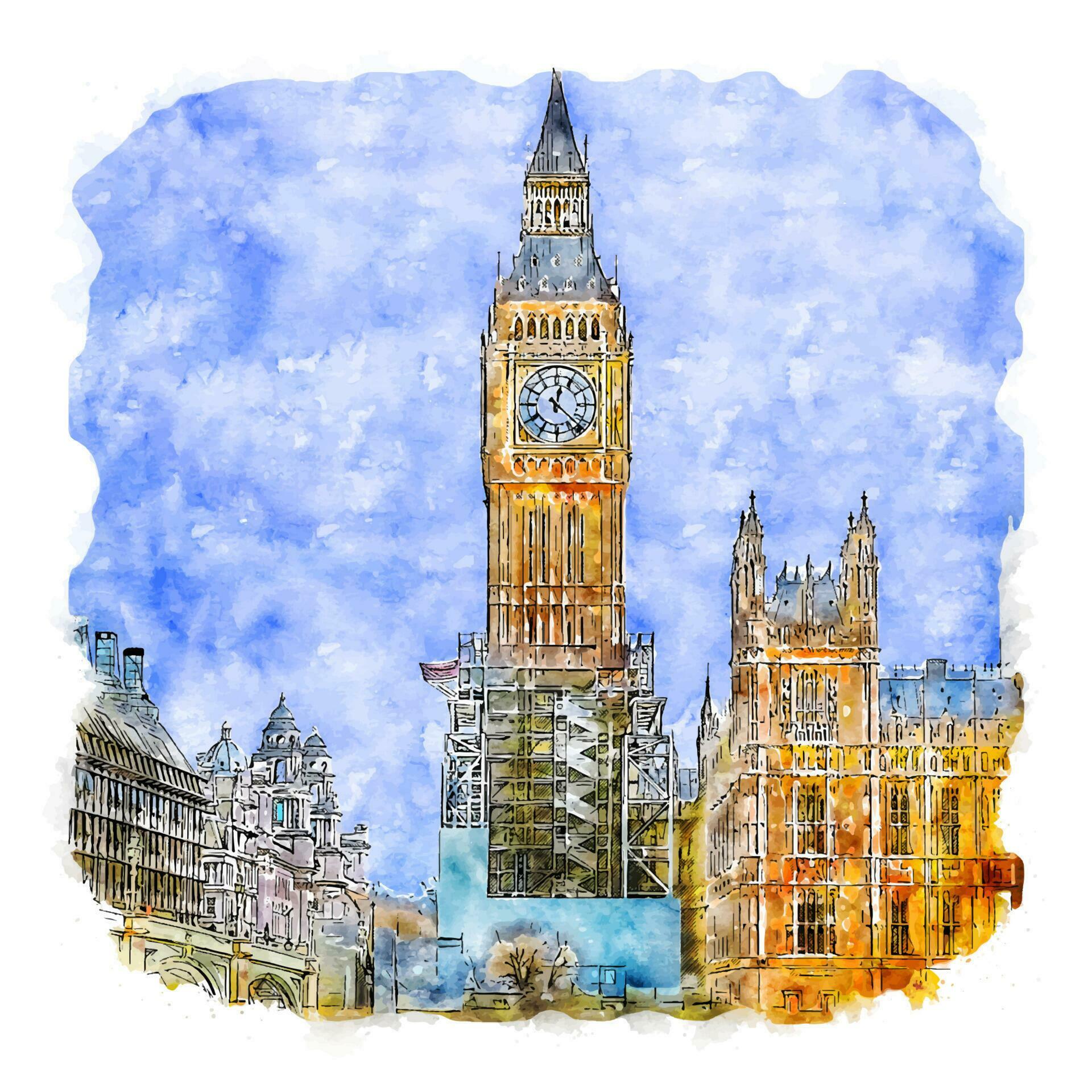 London United Kingdom Watercolor sketch hand drawn illustration ...