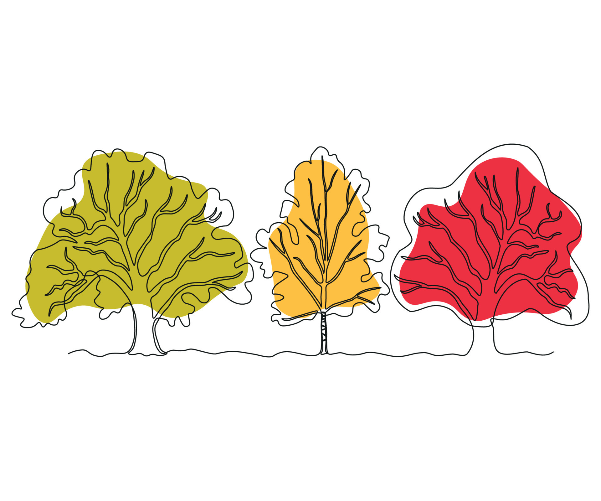 abstract sprawling branching three trees in a row, a forest of oak and ...