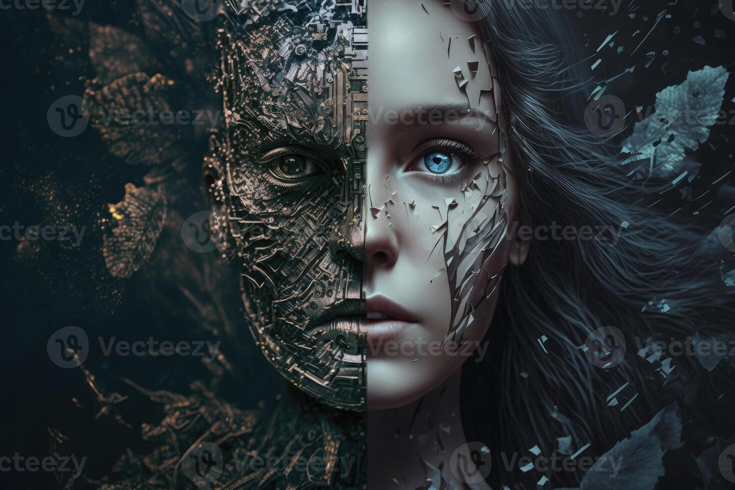 Half robot half human, human robot head with half human head ... Half robot half human, human robot head with half human head ...