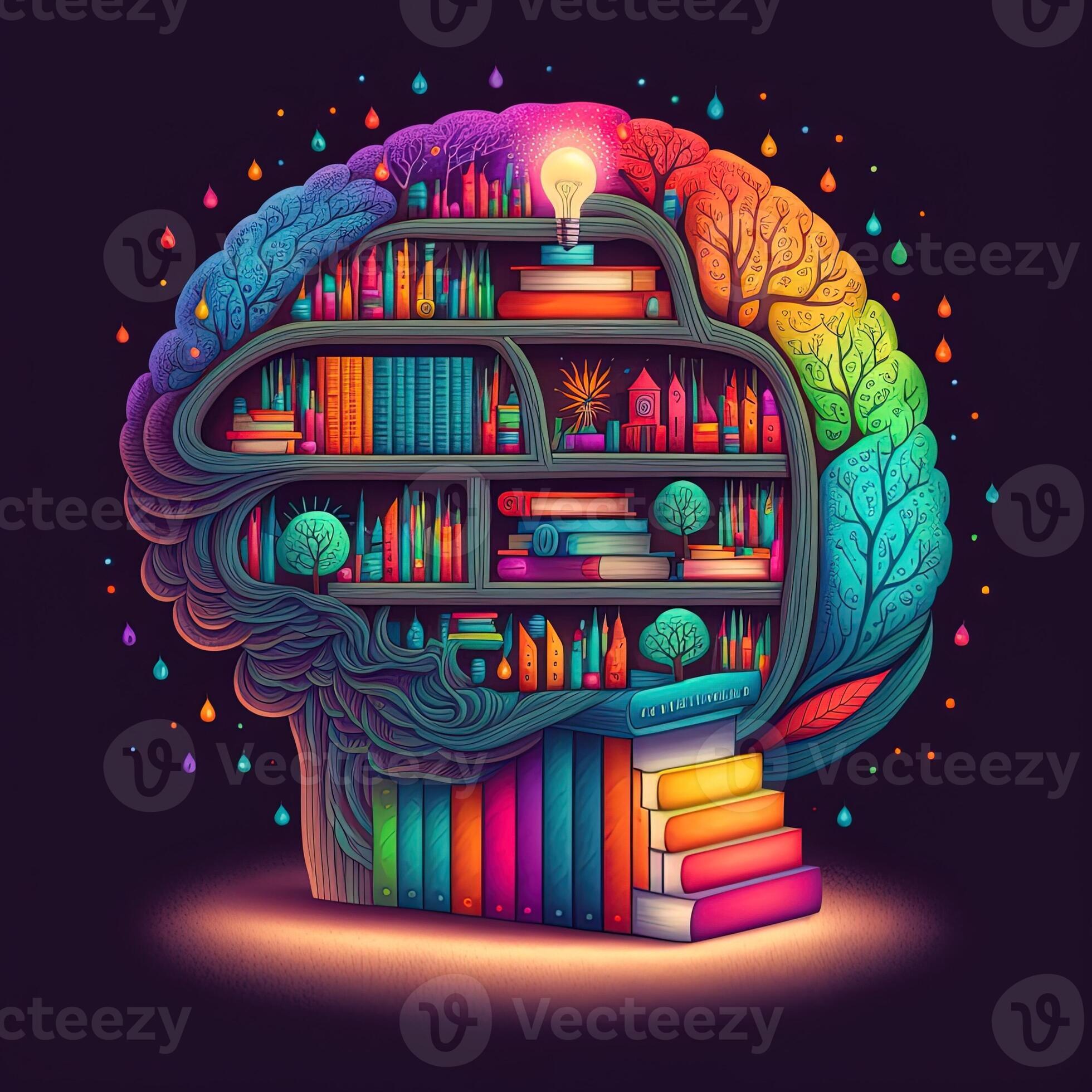 This whimsical image shows a brain with a library inside, its neurons and synapses lit up in a ...