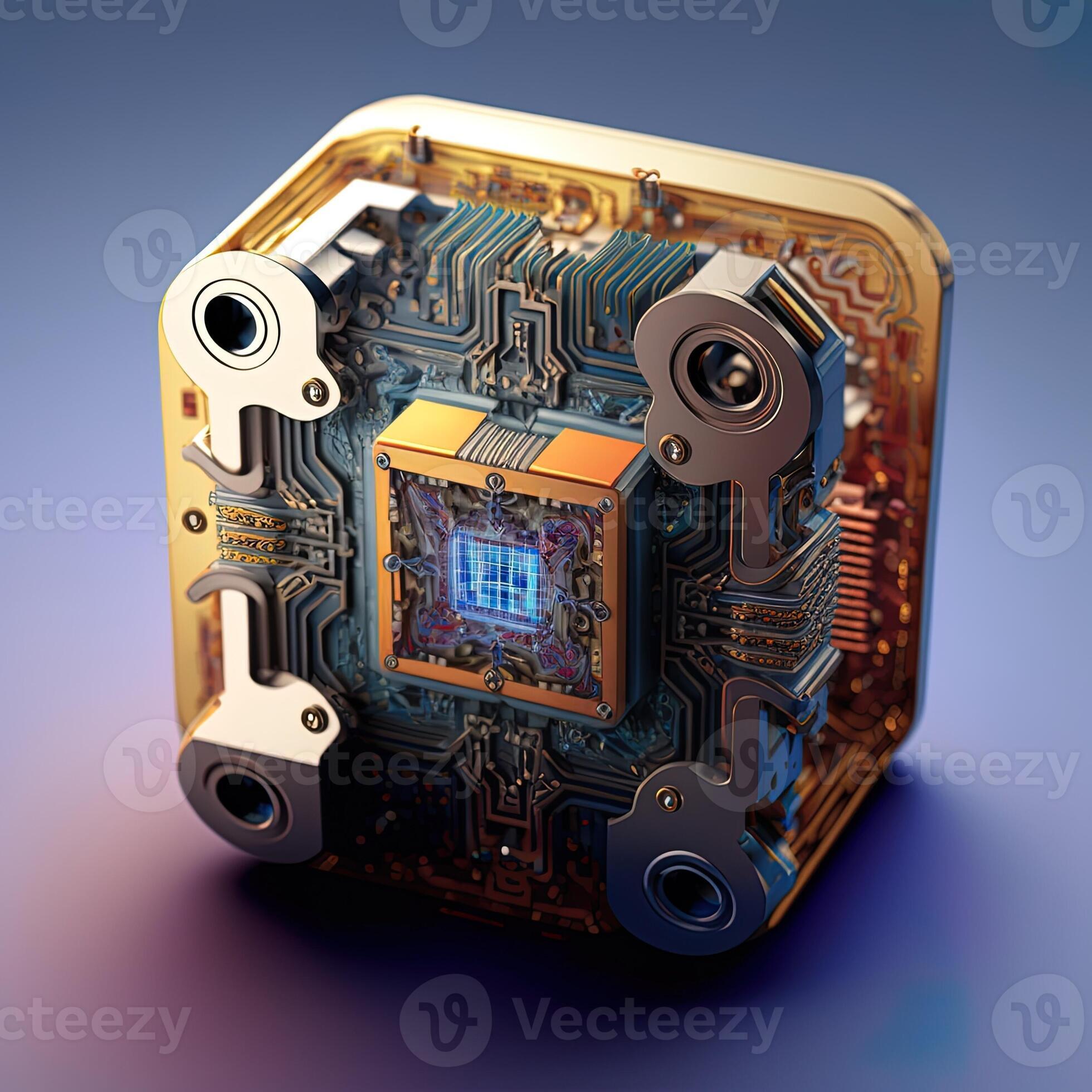 a quantum chip, A futuristic glowing CPU quantum computer processor. Digital chip with HUD ...