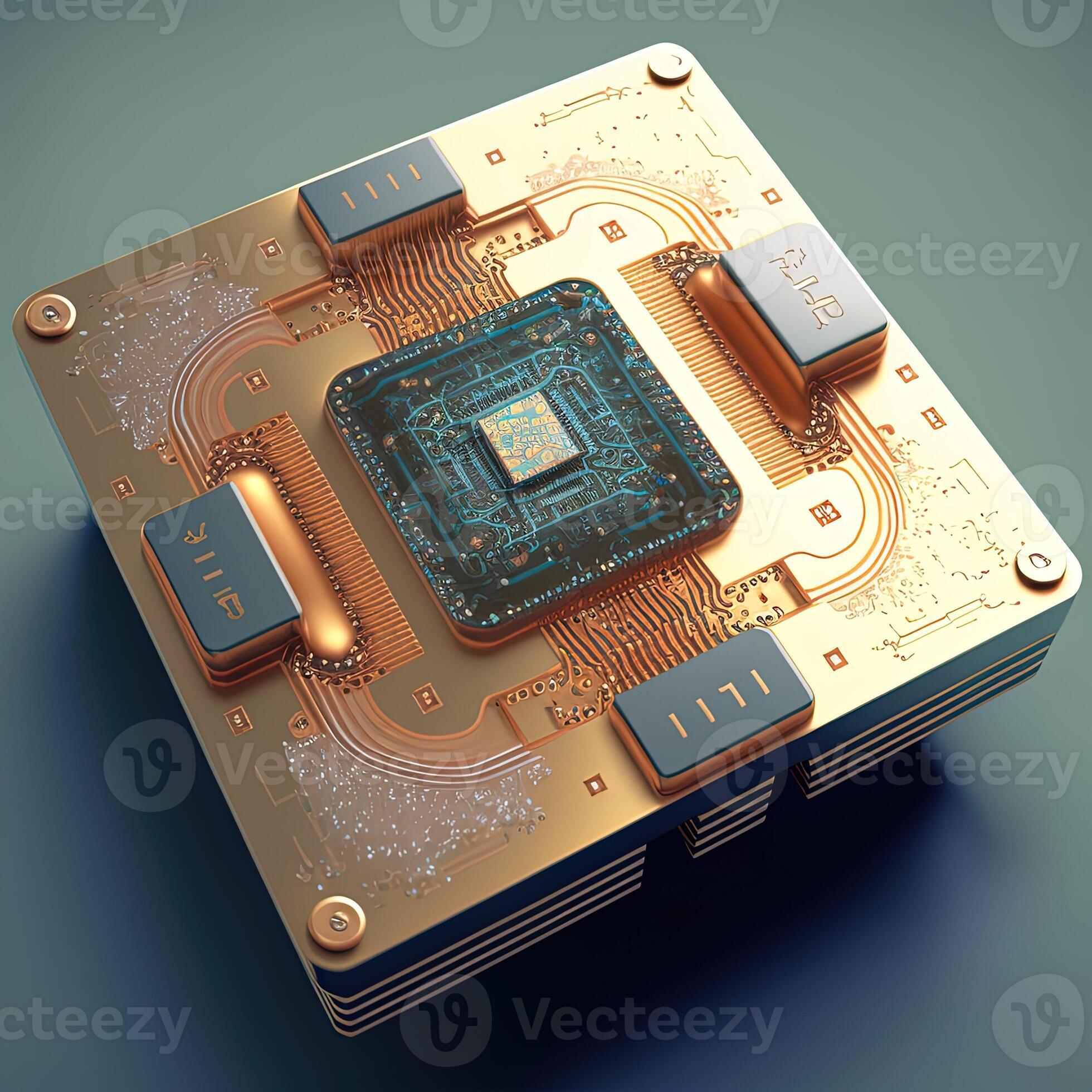 a quantum chip, A futuristic glowing CPU quantum computer processor. Digital chip with HUD ...