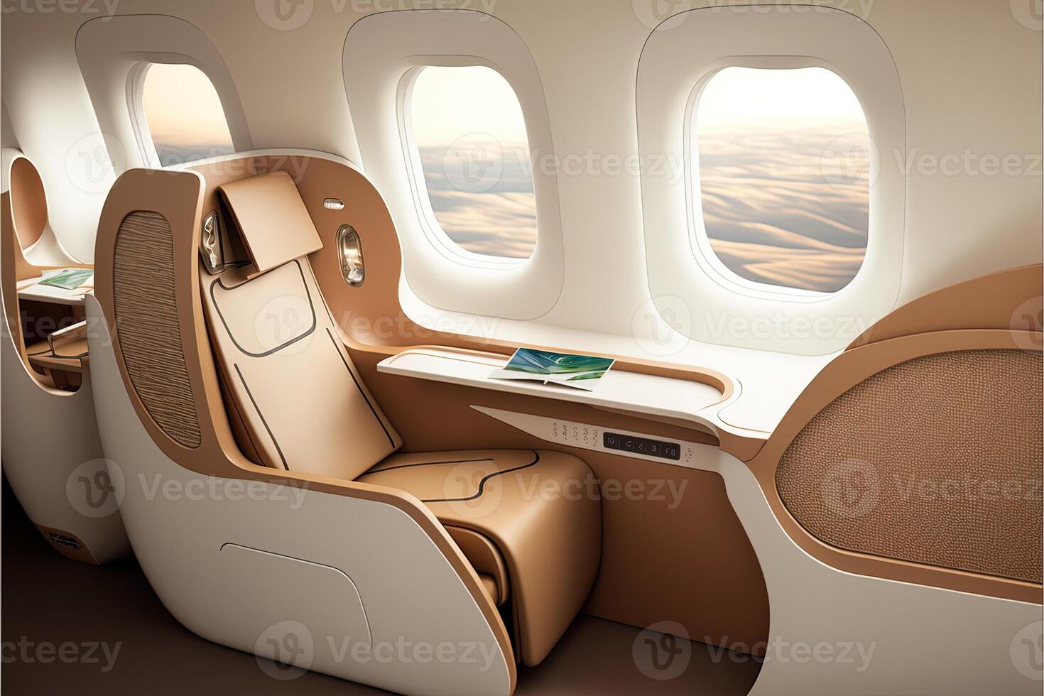 Luxurious First Class Airplane Seat With Lots Of Windows Visualization Of The Vip Cabin Of A