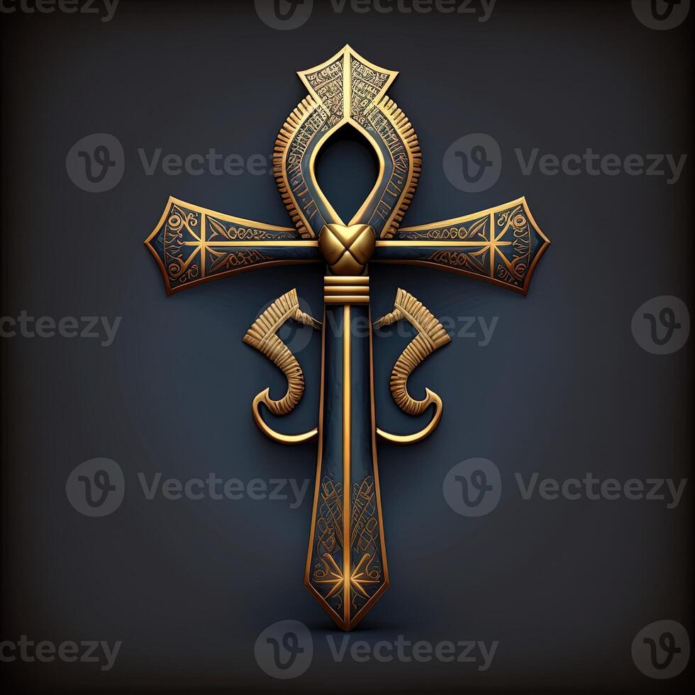 Ancient Golden Ankh Symbol Isolated On Dark Background Illustration Of