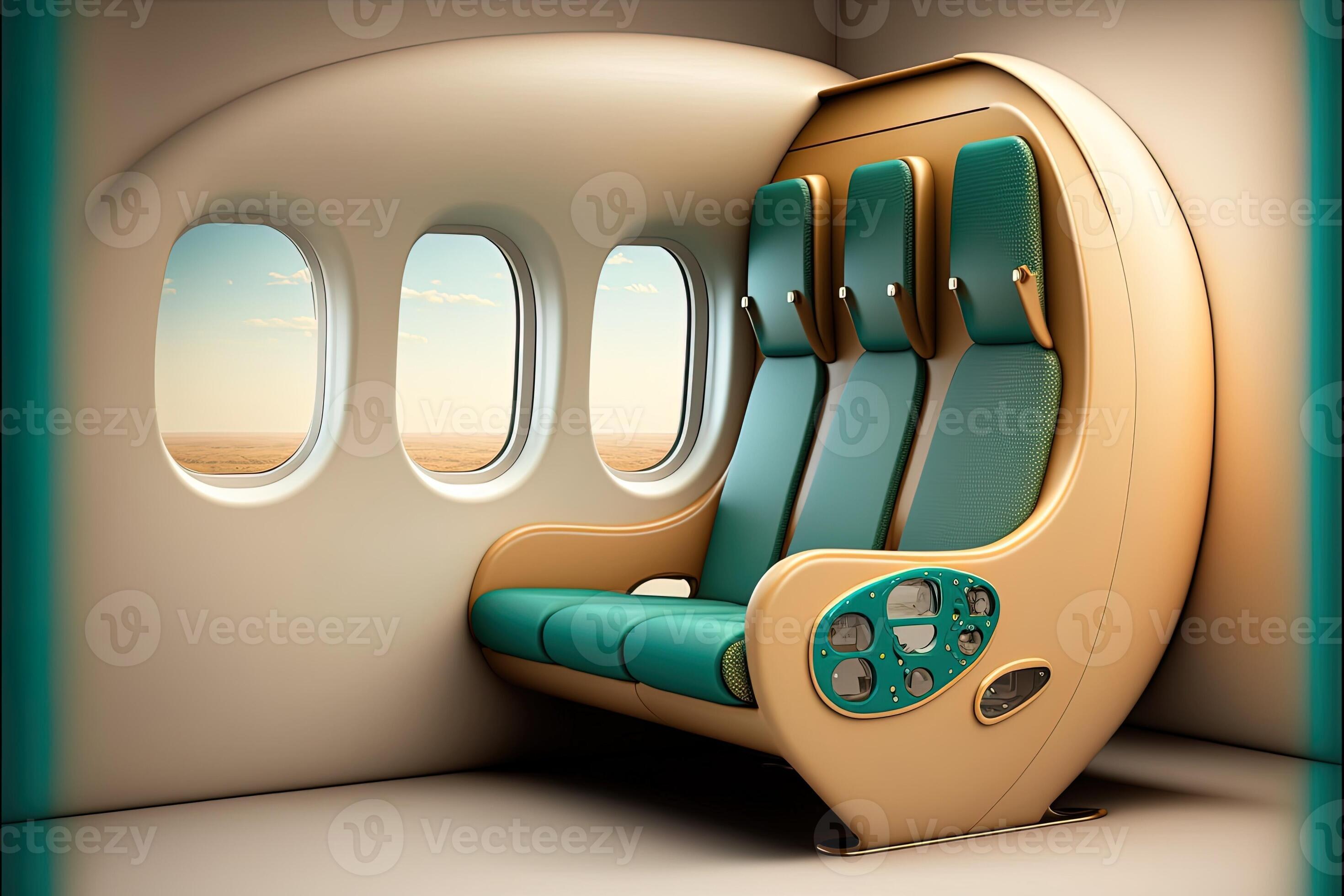Luxurious First Class Airplane Seat With Lots Of Windows Visualization Of The Vip Cabin Of A