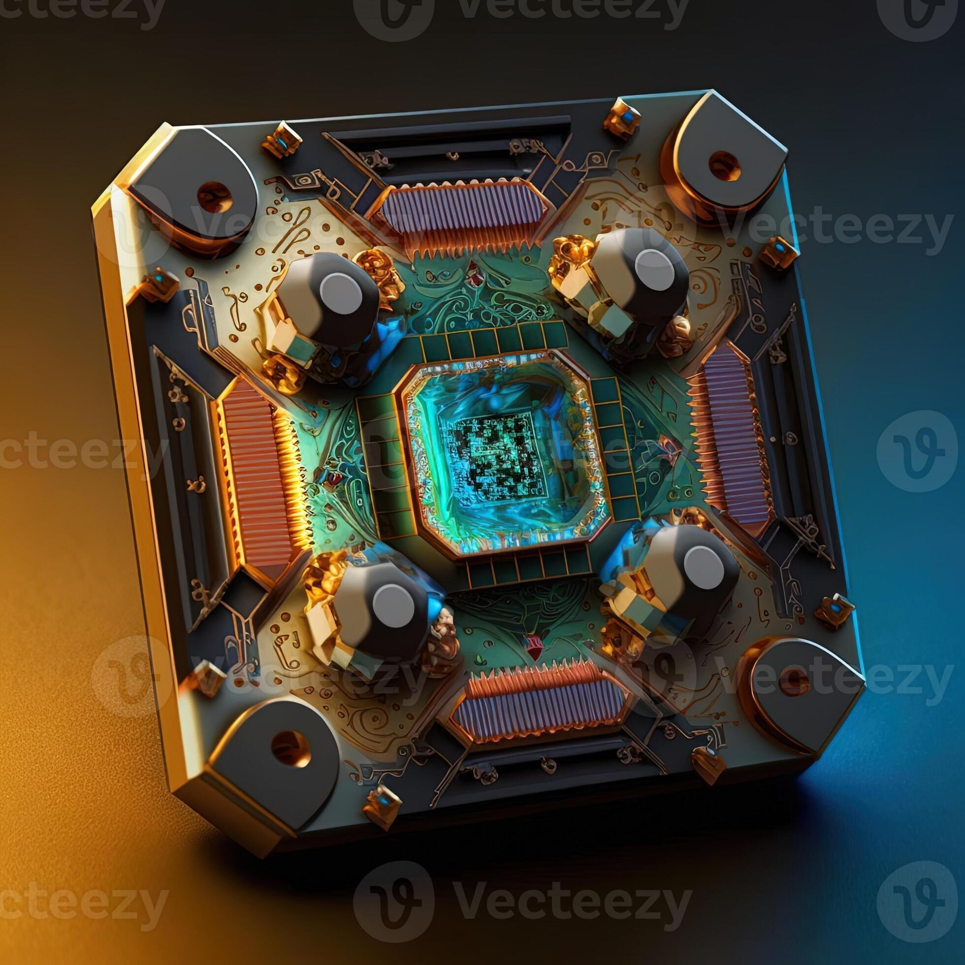 a quantum chip, A futuristic glowing CPU quantum computer processor. Digital chip with HUD ...