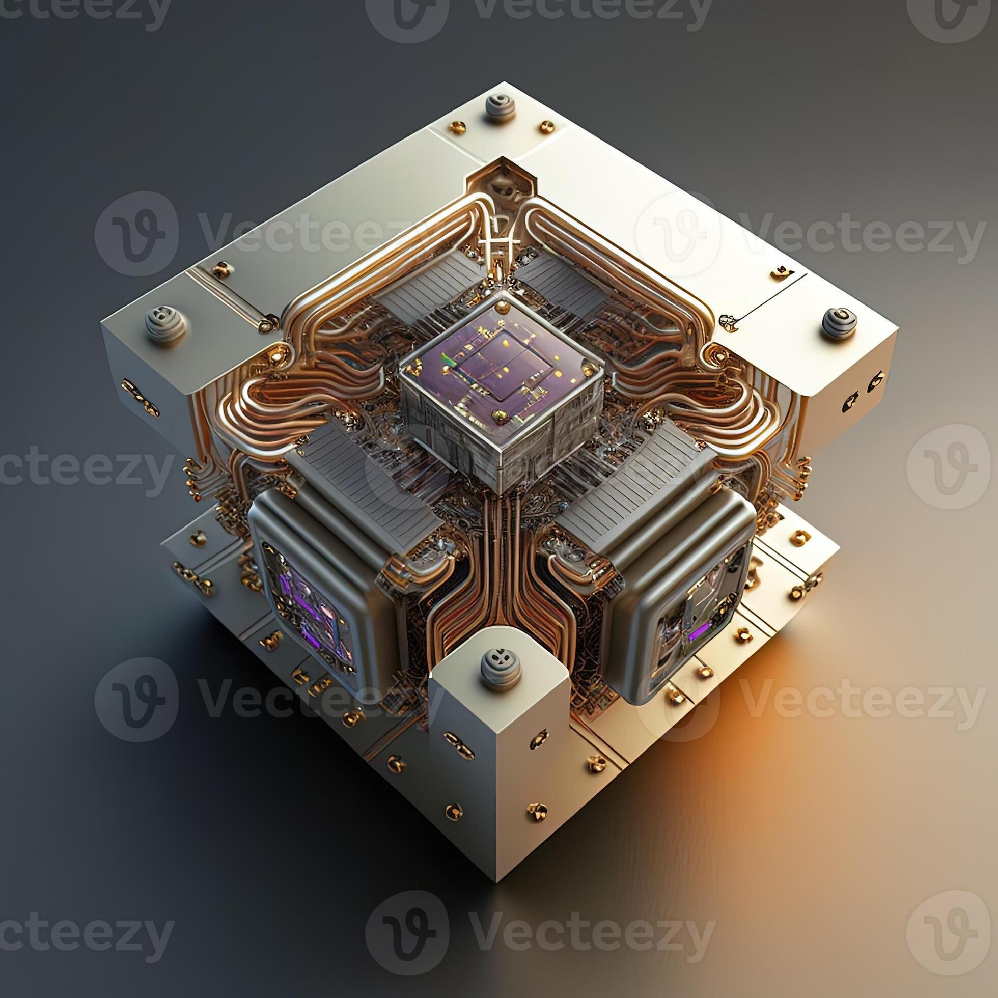 a quantum chip, A futuristic glowing CPU quantum computer processor. Digital chip with HUD ...